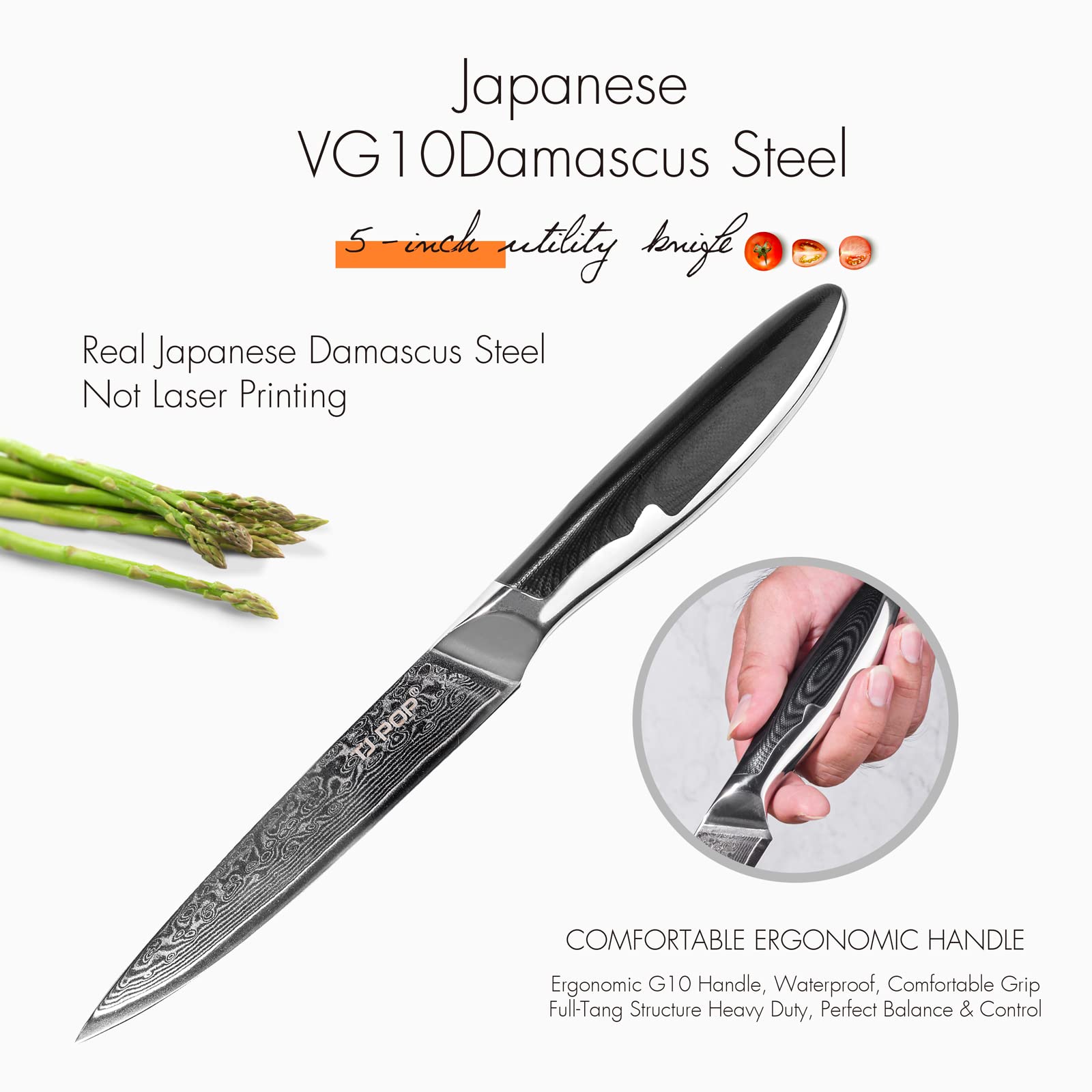 TJ POP Damascus Kitchen Utility Knife 5 Inch, Ultra Sharp Petty Chef Knife, Full-tang Knife, Japanese VG10 Steel Blade, Comfort Grip Non-slip G10 Handle