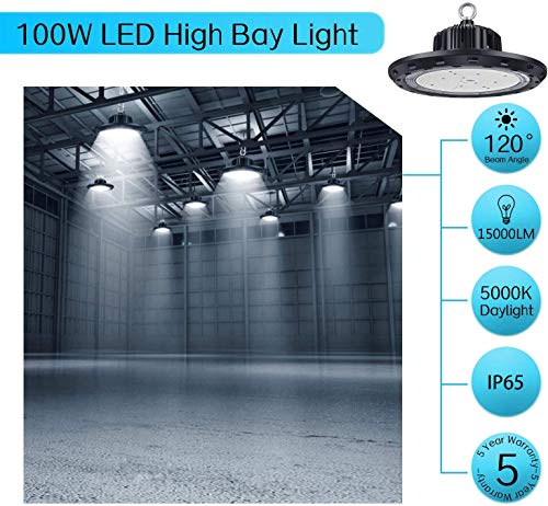 Vemofoper UFO LED High Bay Light 100W Ultra Bright Ceiling Lamp for Garage,Shop,Gym,Warehouse Work Commercial Lighting Grade 15000LM 120V 5000K IP65 (100W)