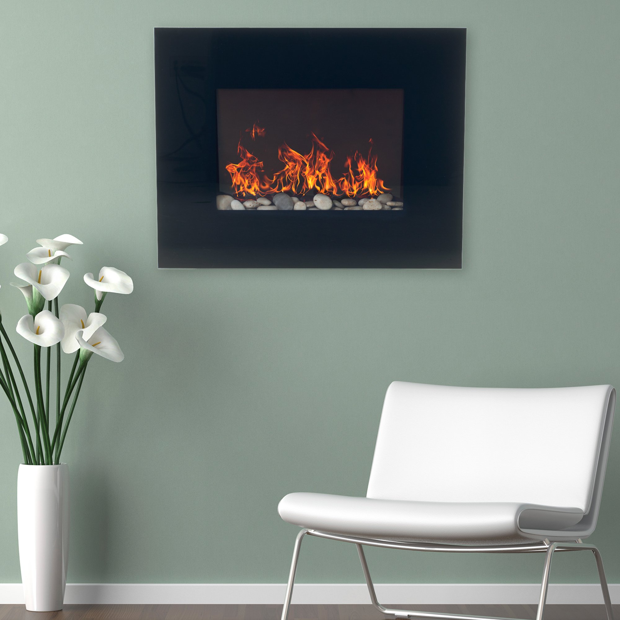26-Inch Wall-Mounted Electric Fireplace β Indoor Glass Fireplace Heater with Pebble Fuel Effect β Adjustable Heat, Flames, and Brightness with Remote by Northwest (Black)