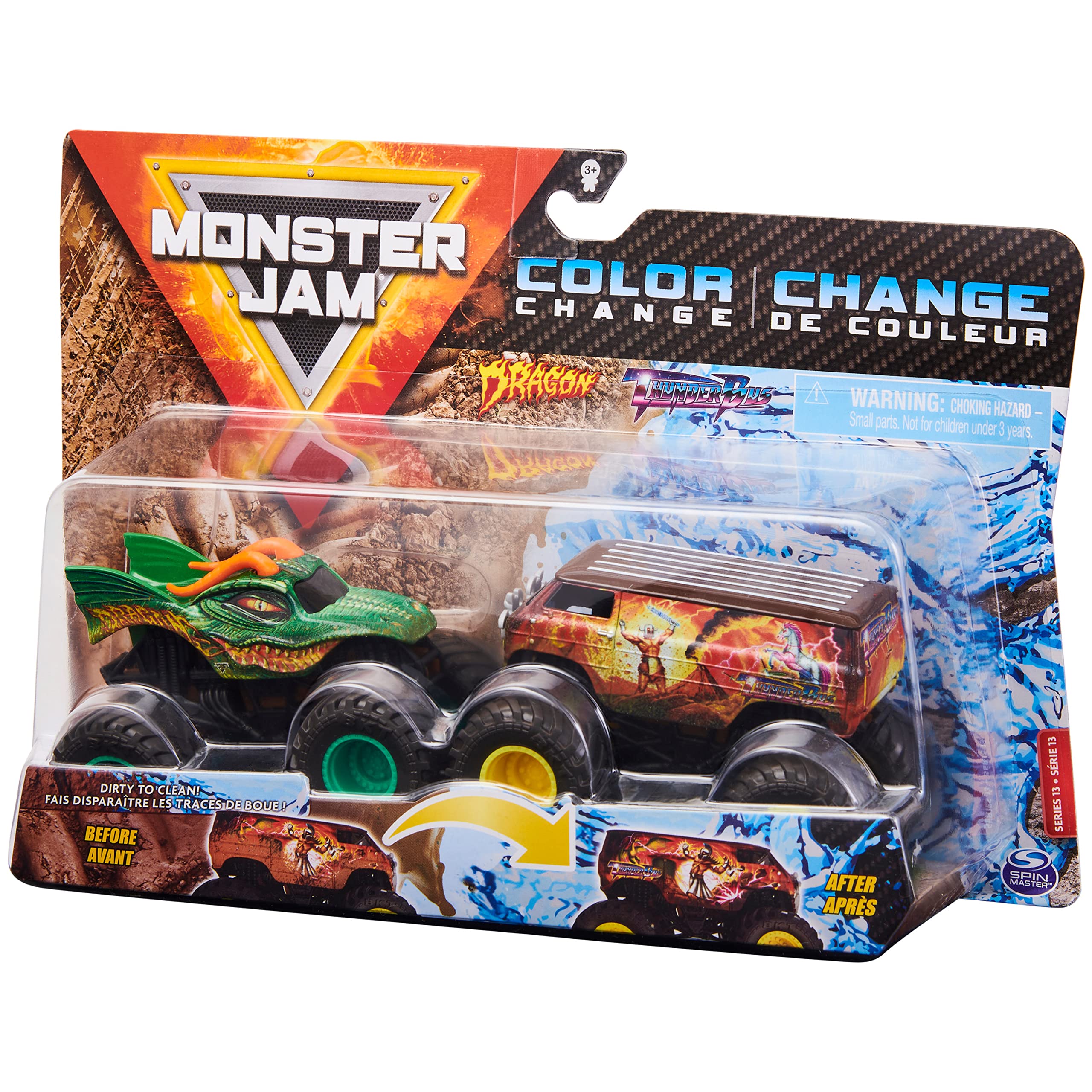 Monster Jam, Official Dragon vs. Thunder Bus Color-Changing Die-Cast Monster Trucks, 1:64 Scale