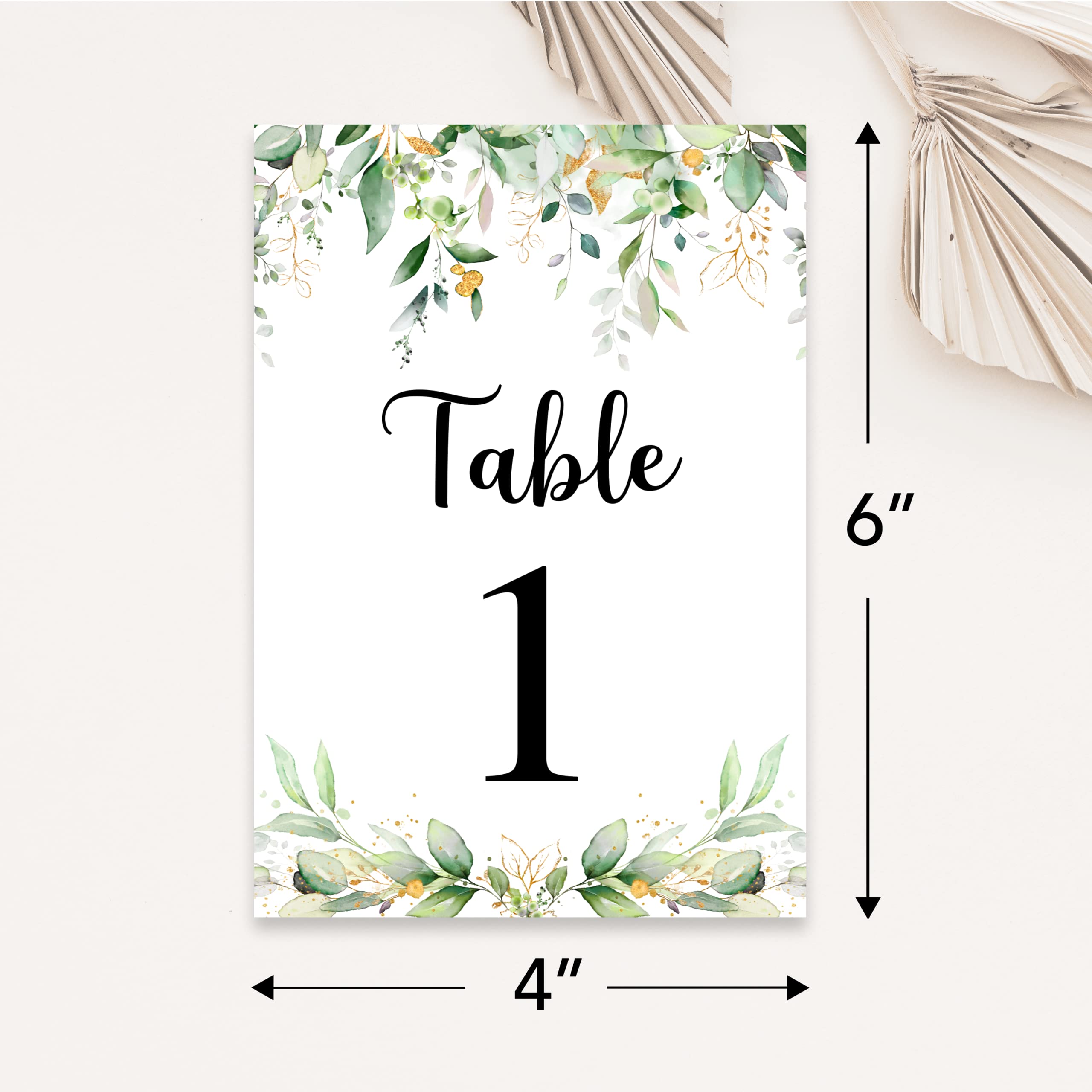 25 Pcs Effortless Events Wedding Table Numbers, 4x6 in Table Numbers for Wedding Reception 1-25, Gold & Greenery Eucalyptus Design for Rustic Weddings, Receptions, Parties, & Events