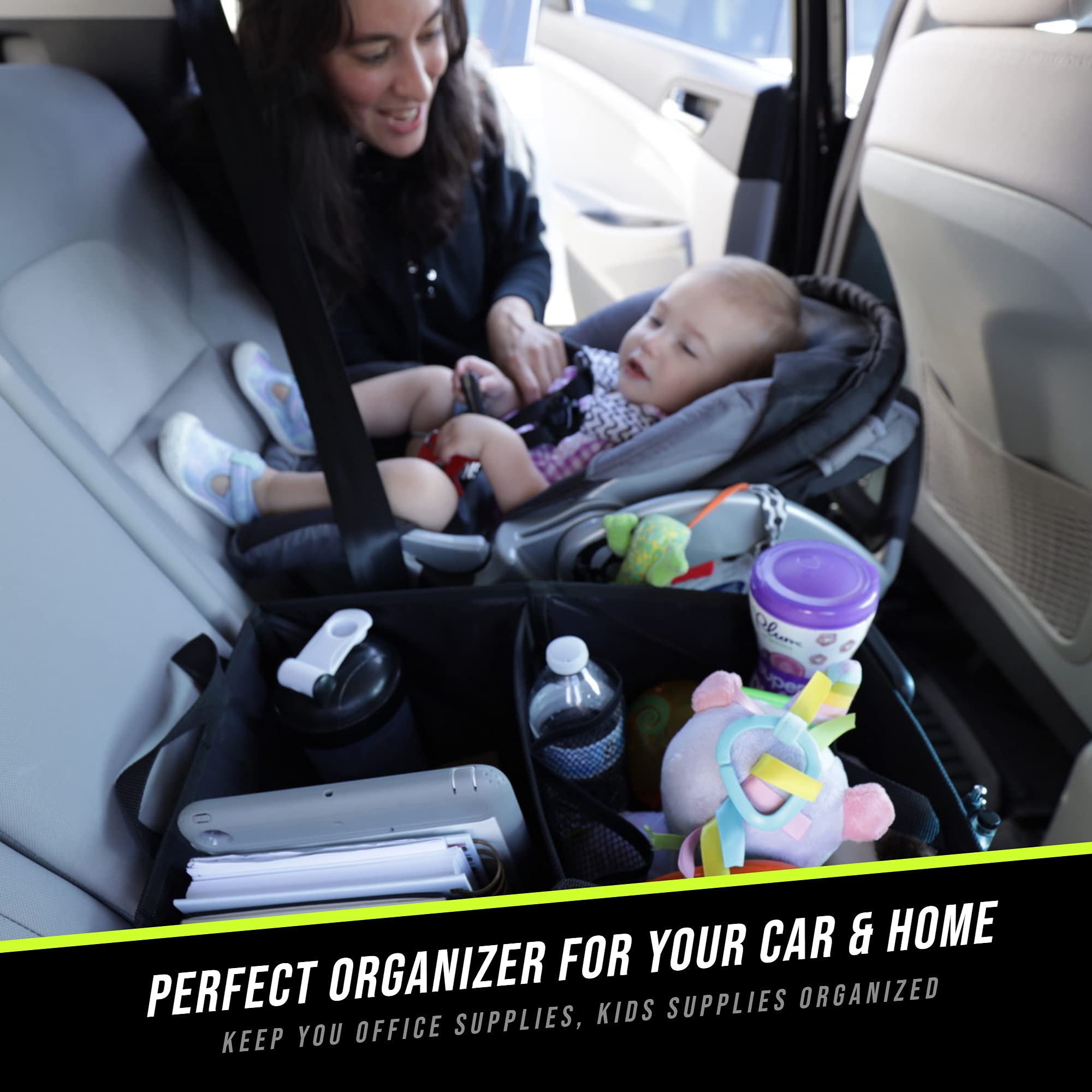 Sunferno Foldable Car Seat Organizer for Front, Back Seat & Trunk - Store Your Baby Supplies, Kids Toys, Car Cleaning Supplies, Work Tools in the 12 Storage Compartments - Passenger Seat Organizer