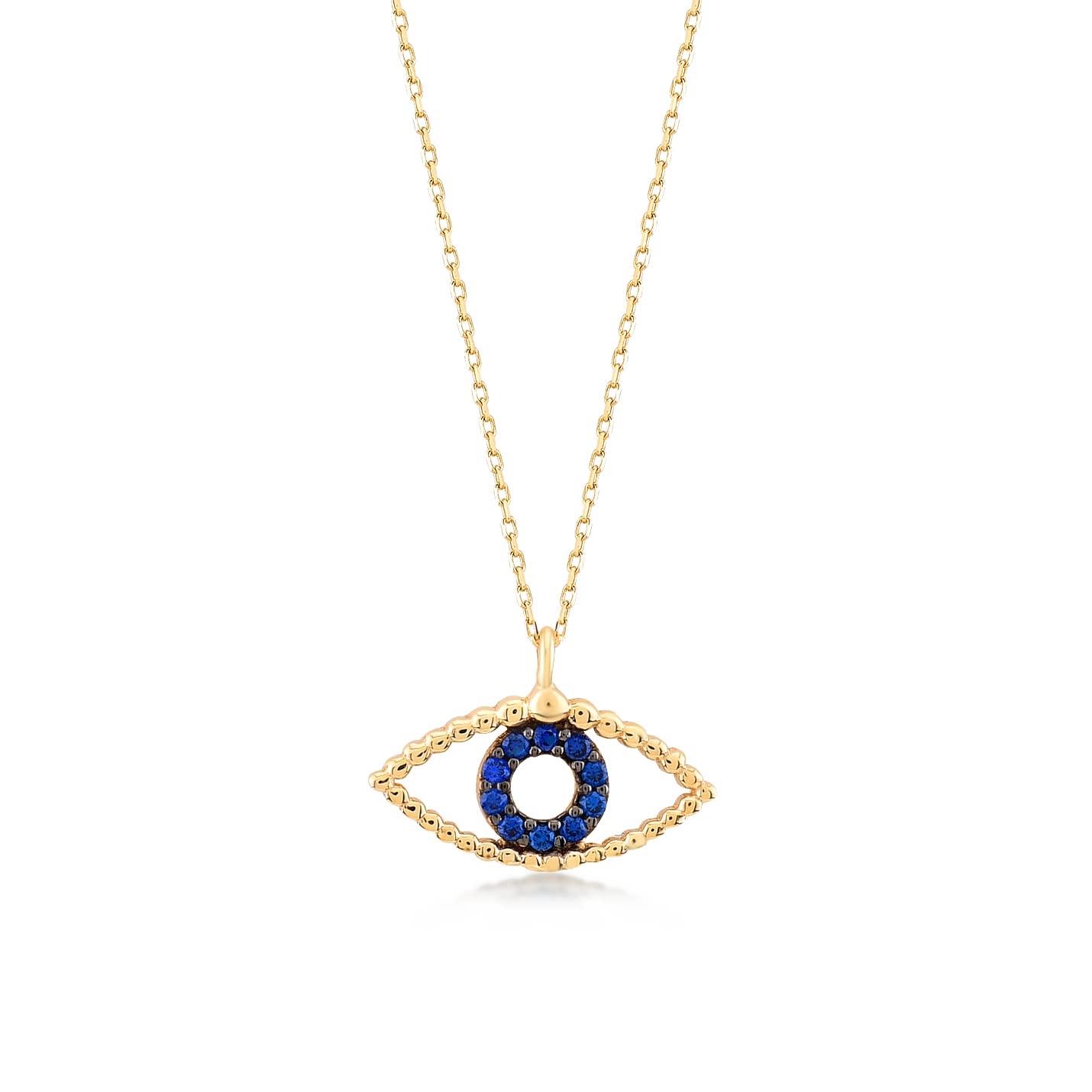 14k Solid Gold Open Evil Eye Necklace | 14k Yellow Gold Blue Necklaces for Women | Eye Shaped Pendant Necklace | Delicate Protection Jewelry | Gifts for Birthday, 18"