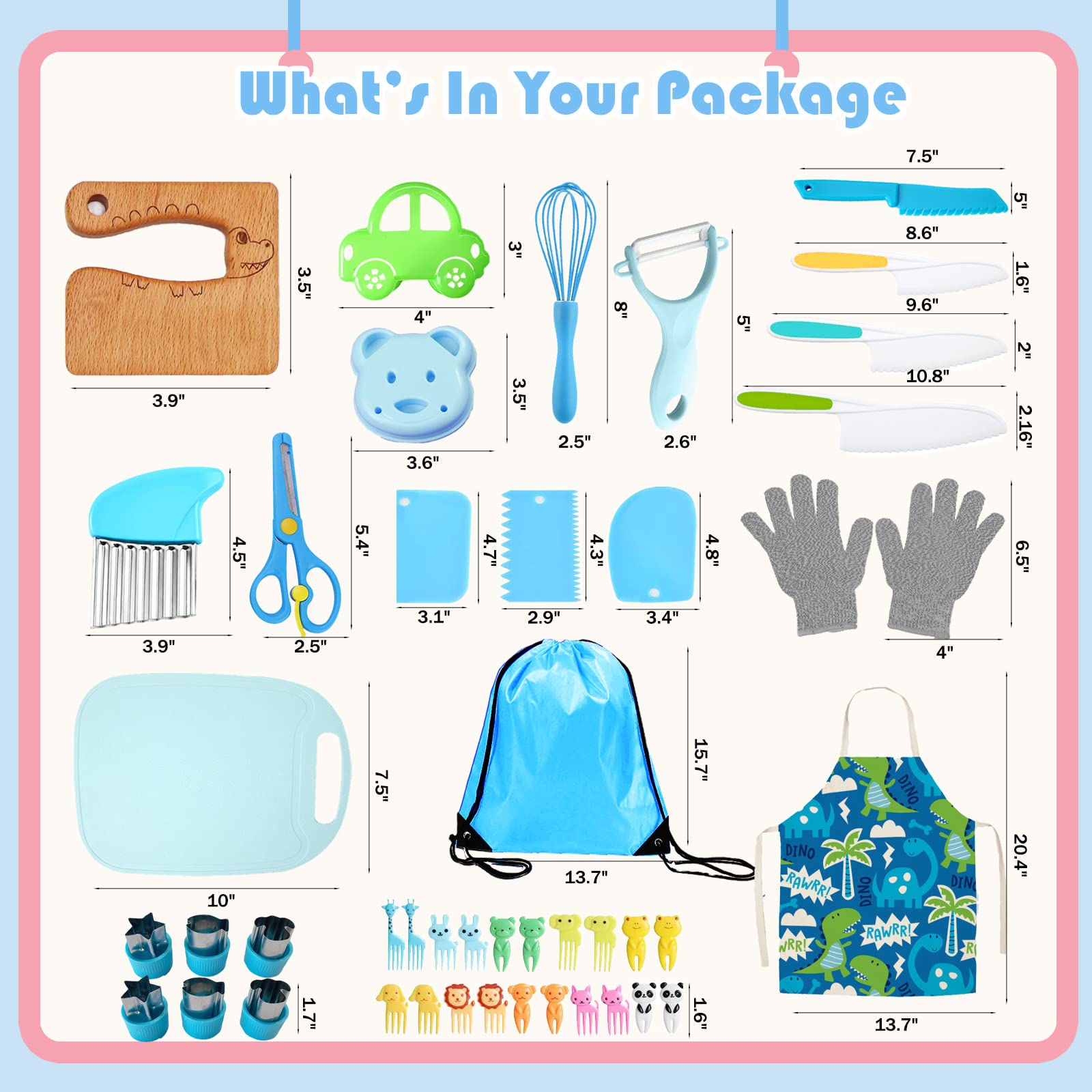 44 PCs Kids Knife for Real Cooking, Hombae Toddler Cooking Set Safety Wooden Plastic Knives Cutting Board Bread Fruit Fork Crinkle Cutter Peeler Scissor Cream Scraper Egg Beater Glove Apron Bag Blue