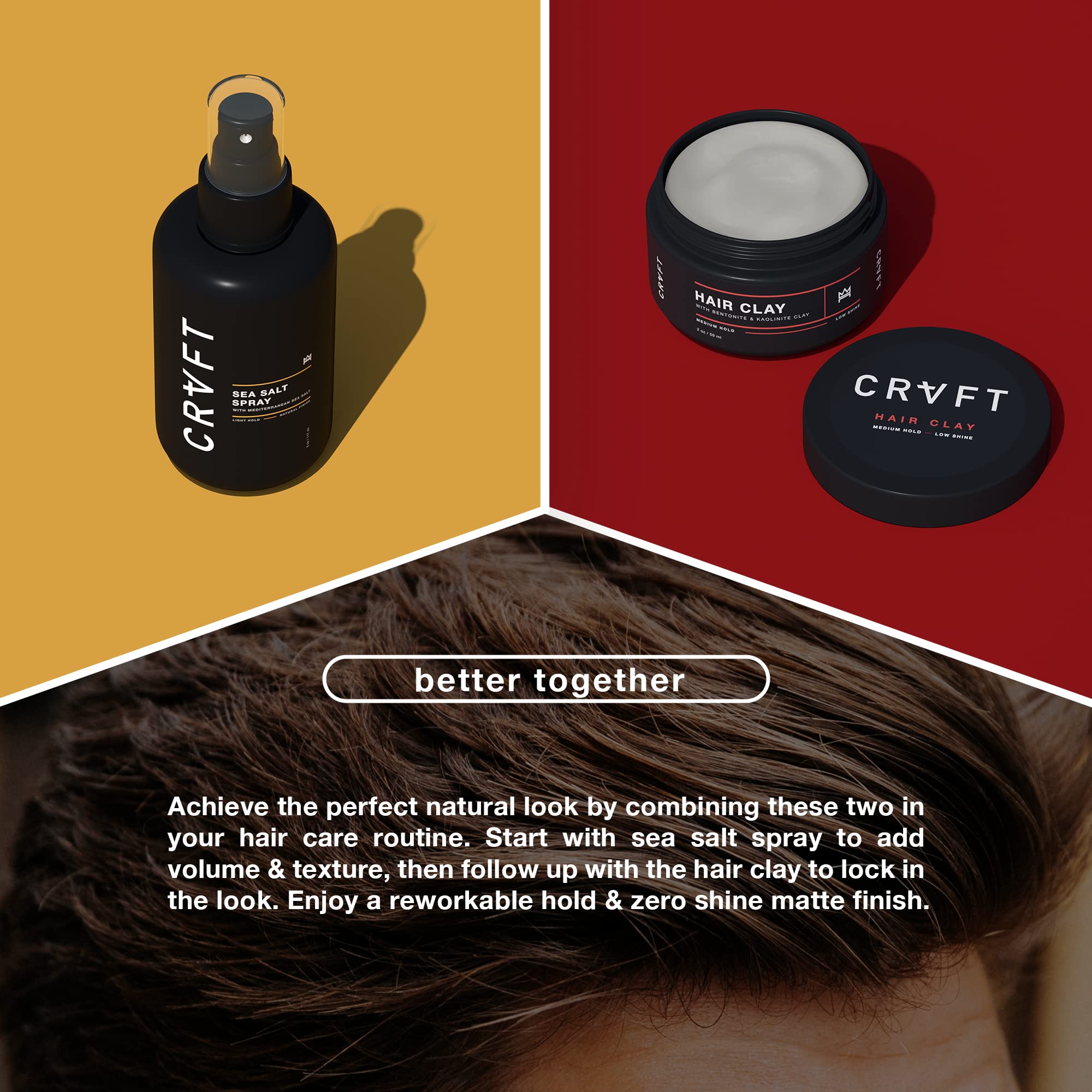 CRVFT Hair Clay 2.8oz + Sea Salt Spray 6oz Men's Bundle - Medium + Light Hold - Matte + Natural Finish - Volume + Texture + Prestyler - Stylist Approved - Scented