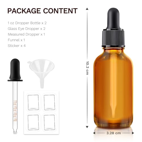 Bumobum 30ml Dropper Bottle with Measured Dropper and Labels, 2Pcs 1 oz Amber Glass Dropper Bottles for Essential Oils with Funnel, Tincture Bottle Droppers for Liquid