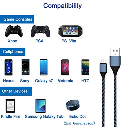 15FT Extra Long Charger Cable for PS4 Controller Durable Nylon Braided Micro USB Fast Charging and Data Sync Cord Compatible with Playstation 4,Xbox One S/X Console,lg stylo 3 and More 2Pack