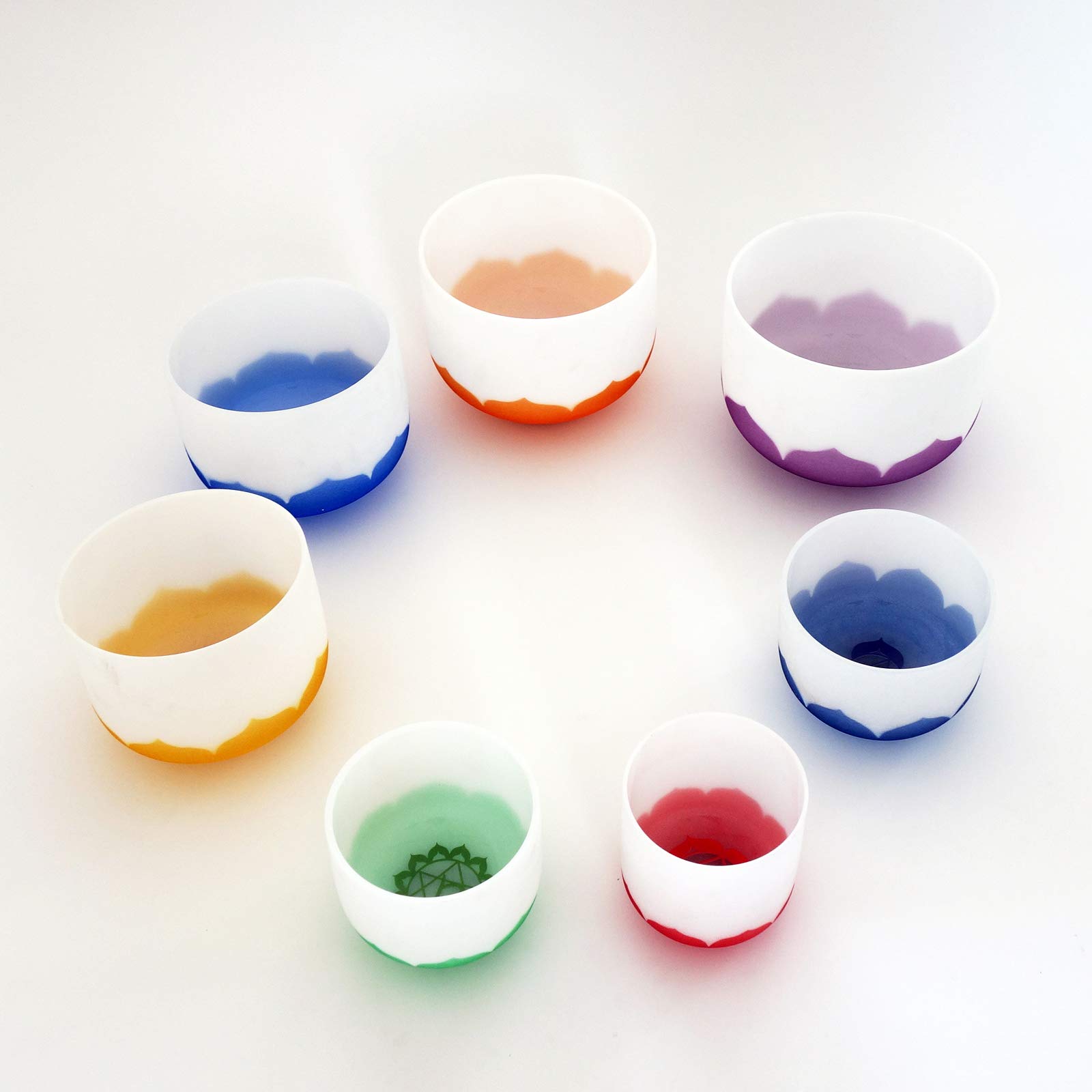 440HZ Set of 7 Lotus Design Frosted Quartz Crystal Singing Bowls 6"-12" with free mallets & O-rings