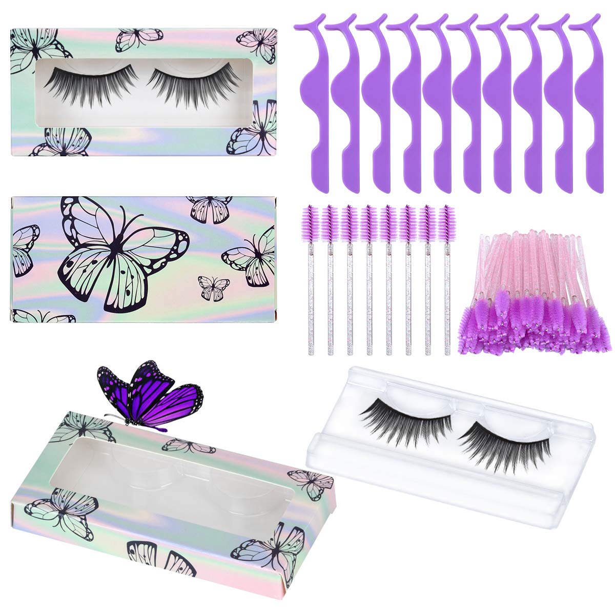 180pcs False Eyelash Kit Include 30 Empty Eyelash Packaging Box Eyelash Storage Case, 30 False Eyelash Tray, 20 Eyelash Extension Tweezers Applicator Tool, 100 Eyelash Brush Mascara Wands Applicator