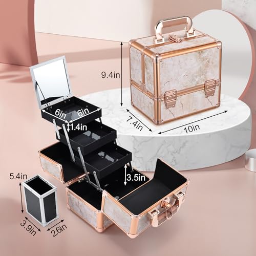 Costravio Makeup Train Case Rose Gold Cosmetic Box with Mirror & Brush Holder Home or Travel Organizer for Make-up and Jewelry Storage Box with 3-Tier Tackle Trays Portable Lockable Golden Marble