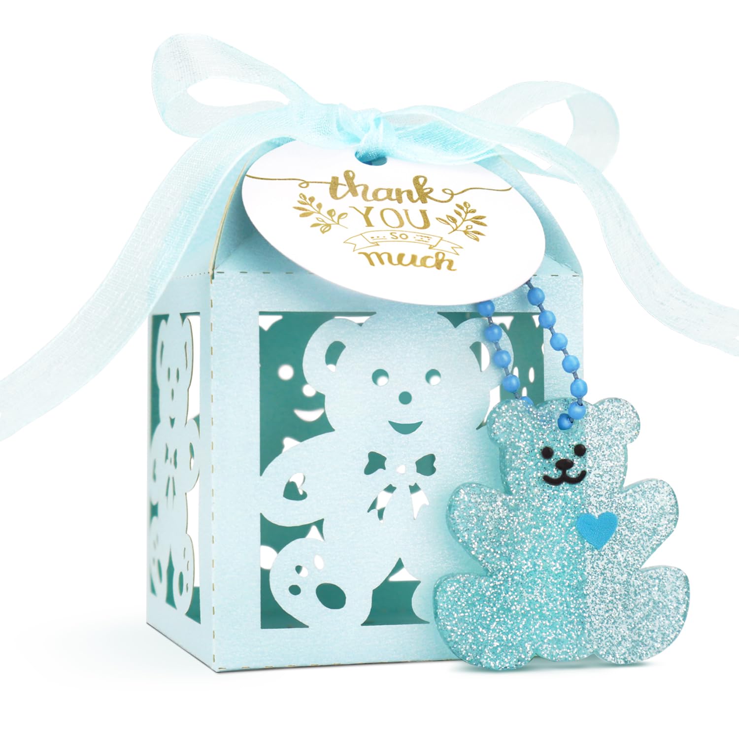 25 Sets Baby Shower Favor Boxes for Guests with Bear Decorative Pendant and Thank you Tag, Candy Box for Boys and Girls Birthday Party Bridal Shower Anniversary Souvenir Gifts Keychains (Blue)