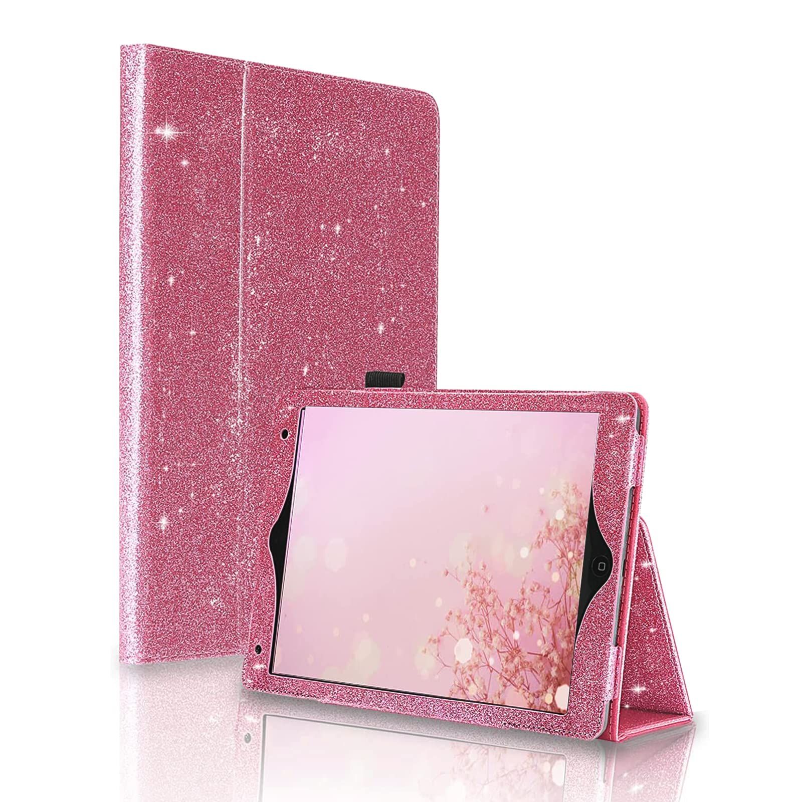 CLARKCAS iPad Air 2 Glitter Case 2014 Release Girls Women Bling Sparkle Leather Bifold Smart Tablet Case Protective Cover with Pencil Holder for Air/Pro 9.7/iPad 2018/2017 9.7 Inch Case,Pink