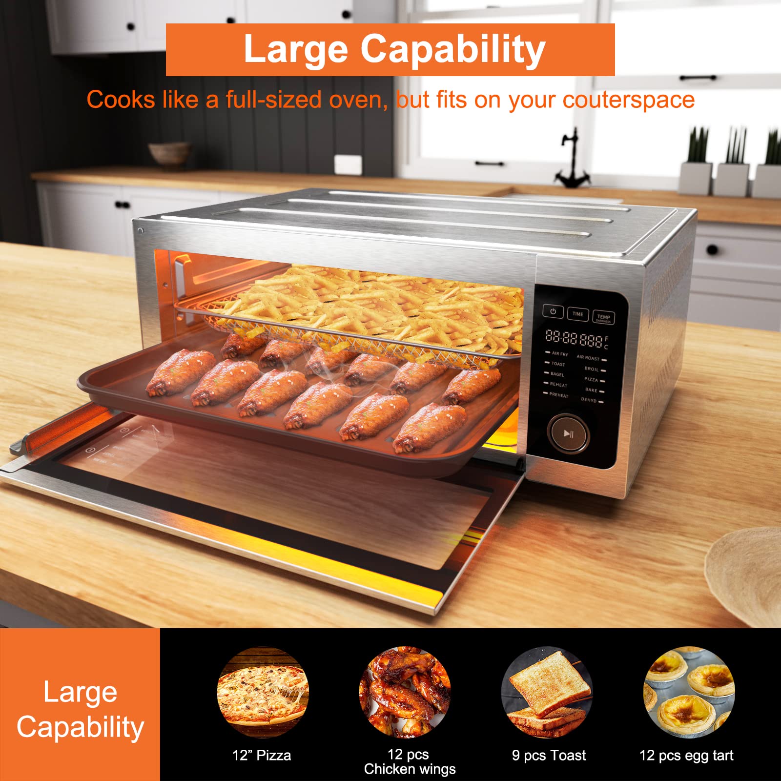 Air Fryer Toaster Oven Combo, Fabuletta 10-in-1 Toaster Ovens Countertop 1800W, 100-450°F Temperature Control,Flip Up & Away Capability for Storage Space, Enamel Baking Pan Easy Clean with Recipe Book