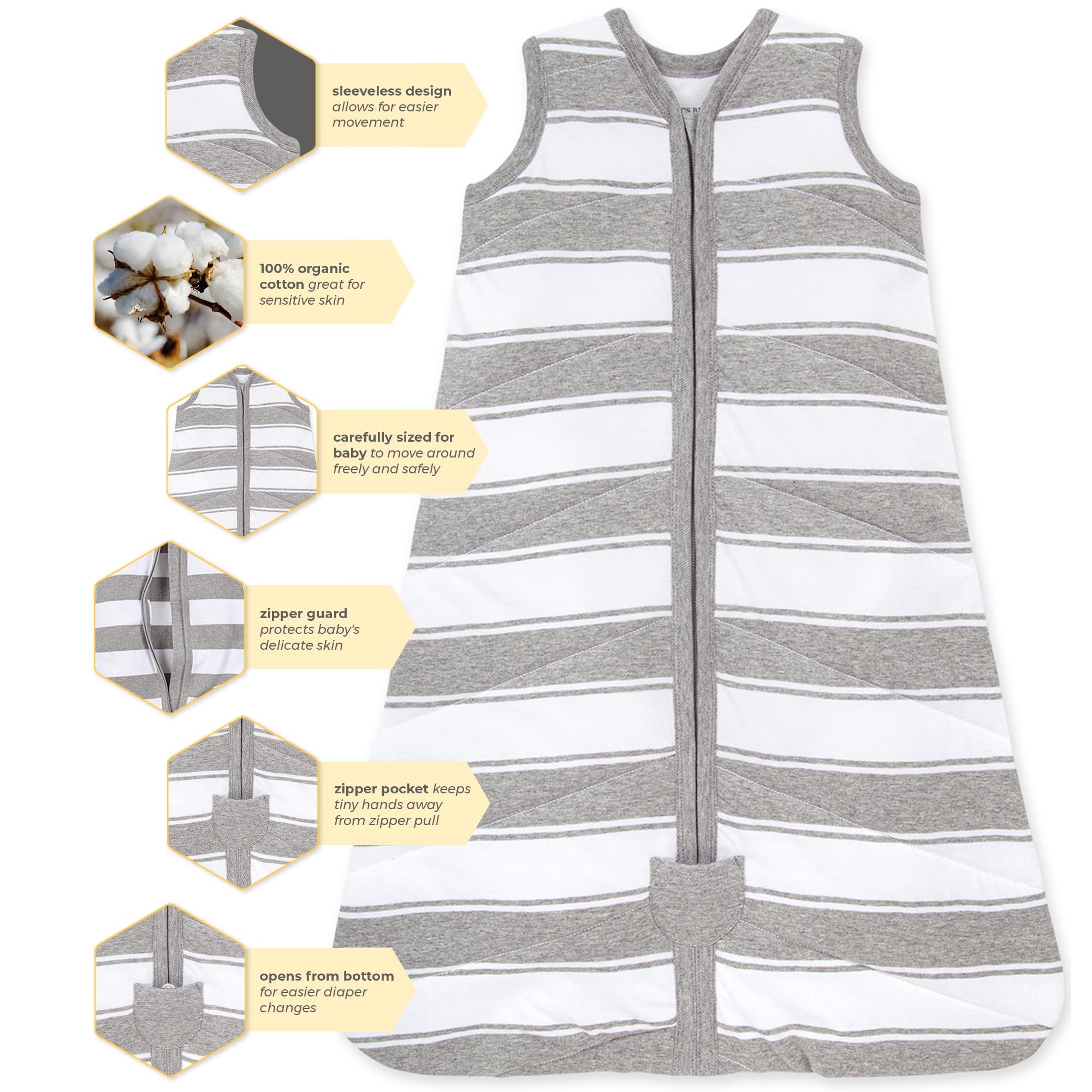 Burt's Bees Baby Baby Beekeeper Wearable Blanket, 100% Organic Cotton, Swaddle Transition Sleeping Bag, Quilted Grey Rugby, Medium