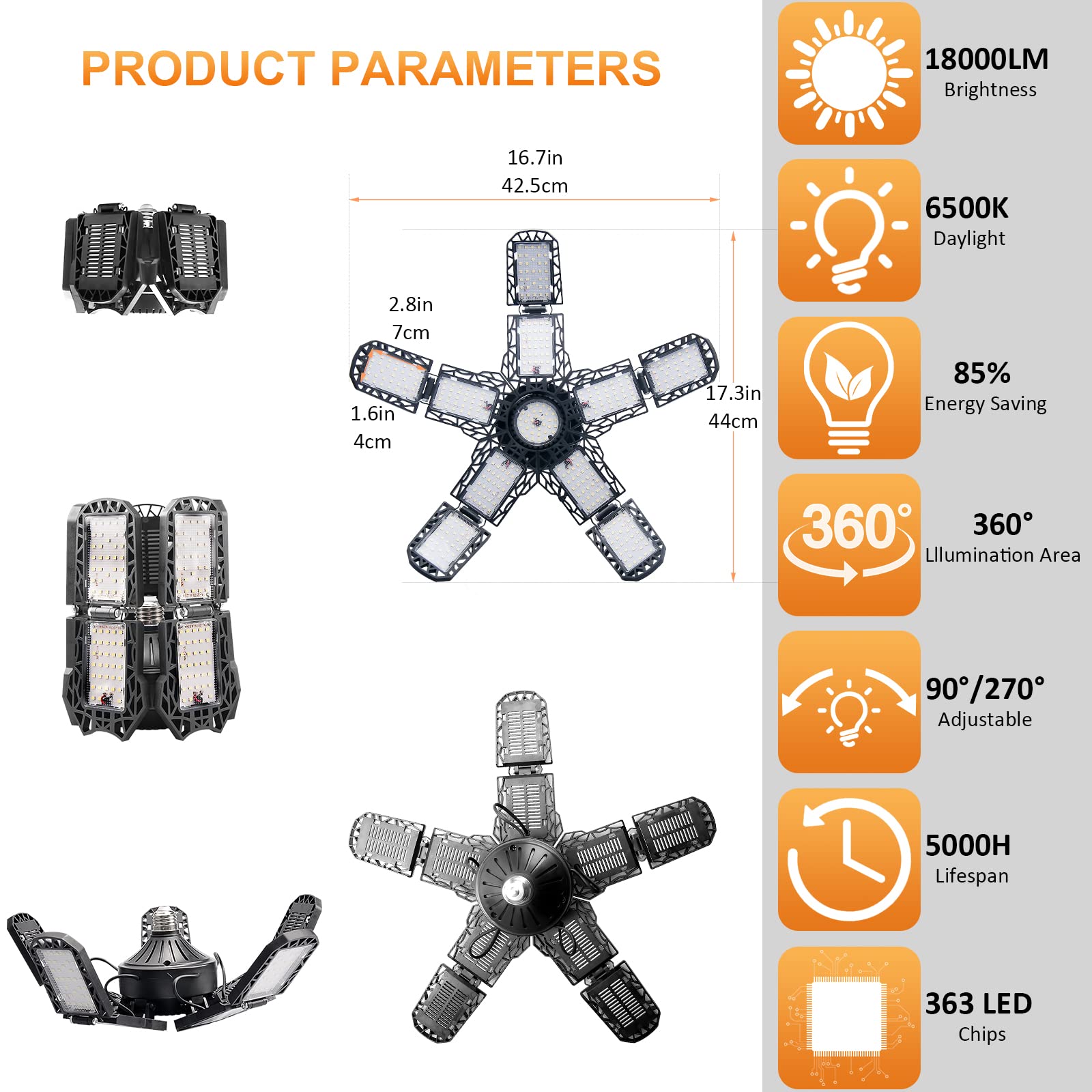 HEYPORK E26/E27 Socket Garage Light 180W 18,000LM 363Pcs LED Shop Light 6,500K Extra Bright LED Indoor Lights Foldable Garage Lighting Adjustable Garage Light Bulbs with Multiple LED Lights Deformable