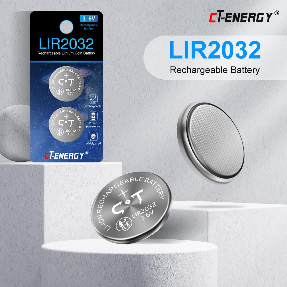 CT-ENERGY Rechargeable LIR2032 Batteries 3.6V Lithium Ion Button Coin Cell Batteries 2PCS AirTag Key Fobs Watch Battery Replacing