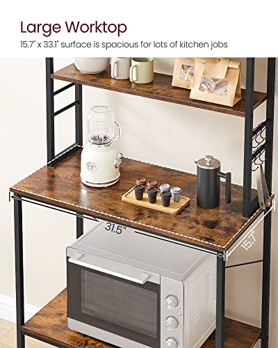 VASAGLE Baker's Rack, Microwave Oven Stand, Kitchen Tall Utility Storage Shelf, 6 Hooks and Metal Frame, Industrial, 15.7 x 31.5 x 65.7 Inches, Rustic Brown and Black UKKS019B01