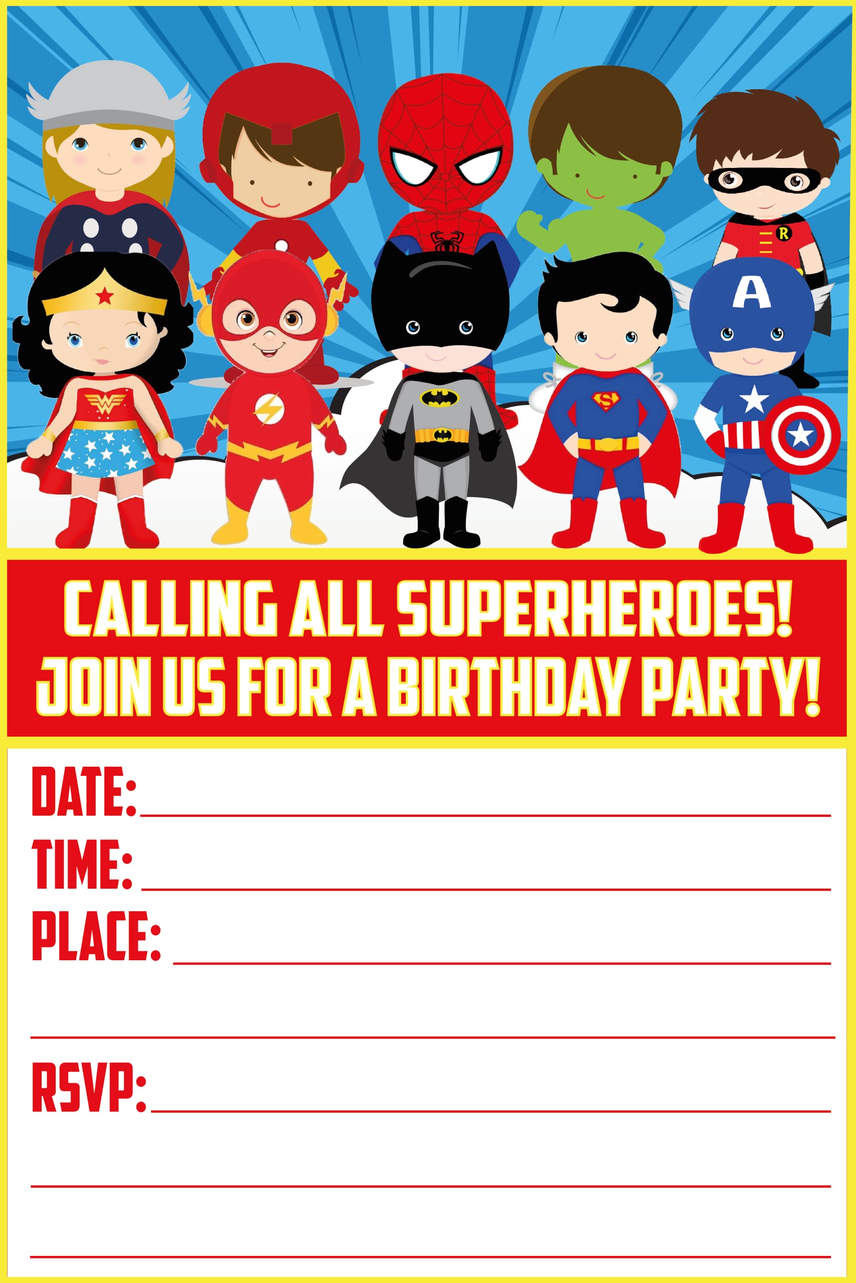 20x Super Hero Kids Birthday Invitations and Envelopes – Fill-in Happy Birthday Party Invitations for Kids, 6X4 Inches, Postcard Style