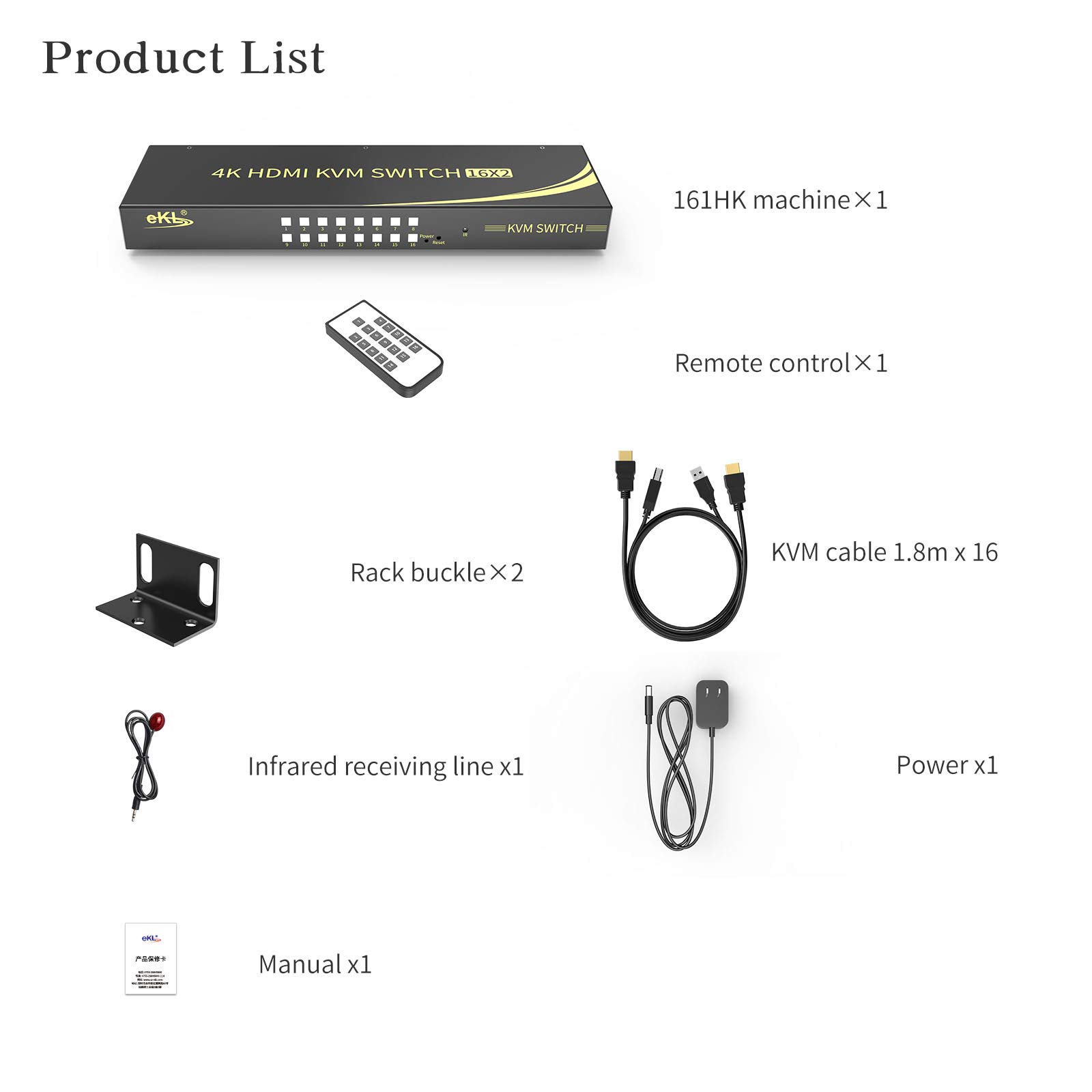 eKL KVM Switch, 16 Port v2.0 HDMI KVM Switch Supports Hotkeys Swapping 4K@60Hz 4:4:4 1080p 3D, 16 in 1/2 Out 16 PCs Sharing with One Set of Keyboard and Mouse