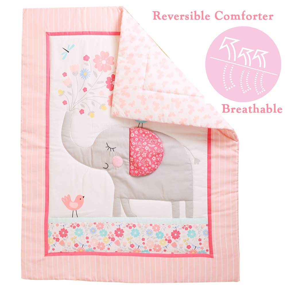 Brandream Jungle Elephant Crib Bedding Set for Girls Butterfly Birds Floral Baby Nursery Bedding Sets,3 Pieces - Blush Pink and Gray