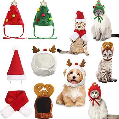 6 PCS Cat Christmas Outfit Cat Santa Hat with Scarf Cute Christmas Elk Antler Reindeer Cat Hat Green Santa Dog Hat Christmas Pet Costume Adjustable Puppy Dog Cap for Cat Costumes Xmas Party Supplies
