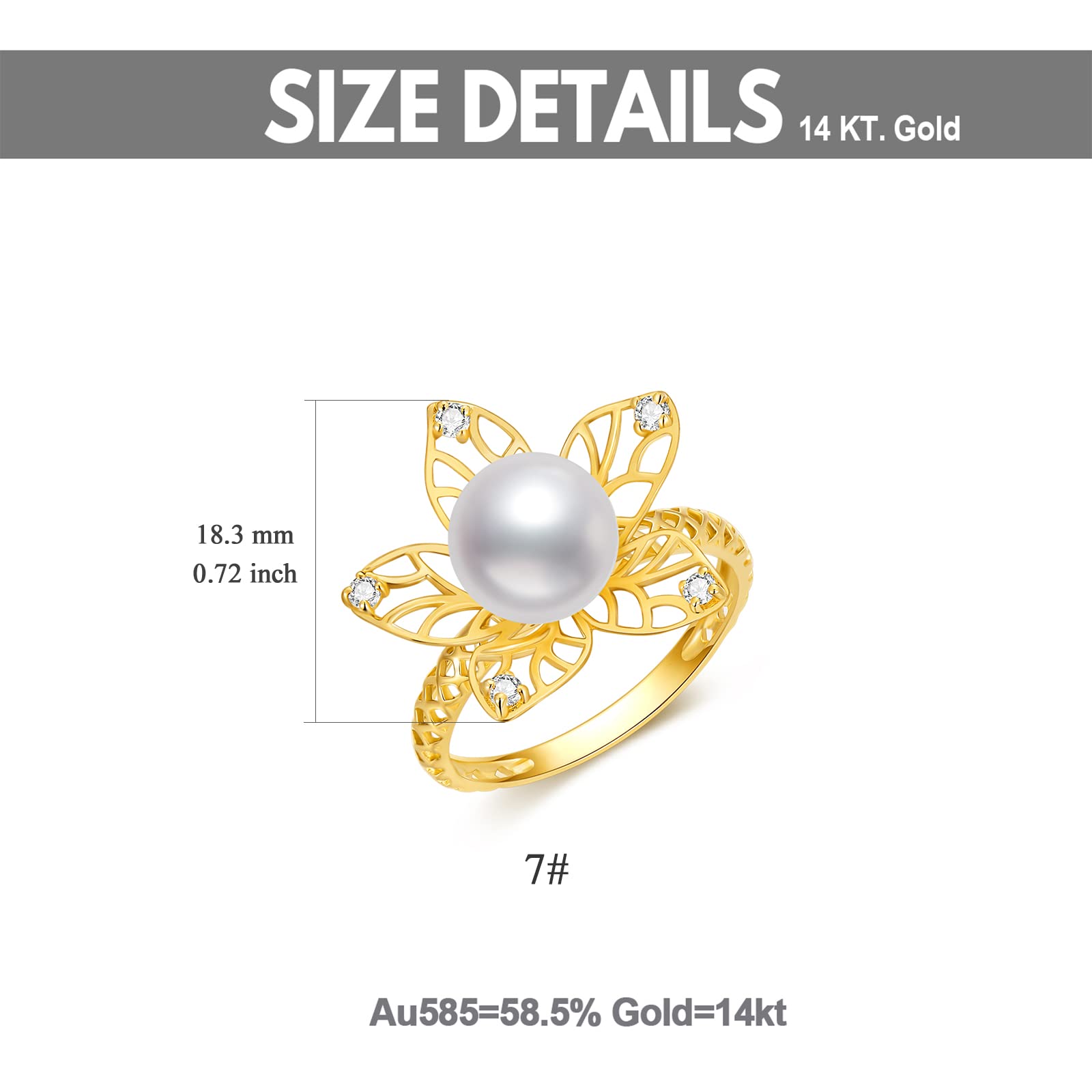 14K Solid Gold Flower Ring for Women,Yellow Gold 9MM Freshwater Pearl Engagement Ring/Wedding Band/Wedding Anniversary Birthday Gifts for Her Size 5-11