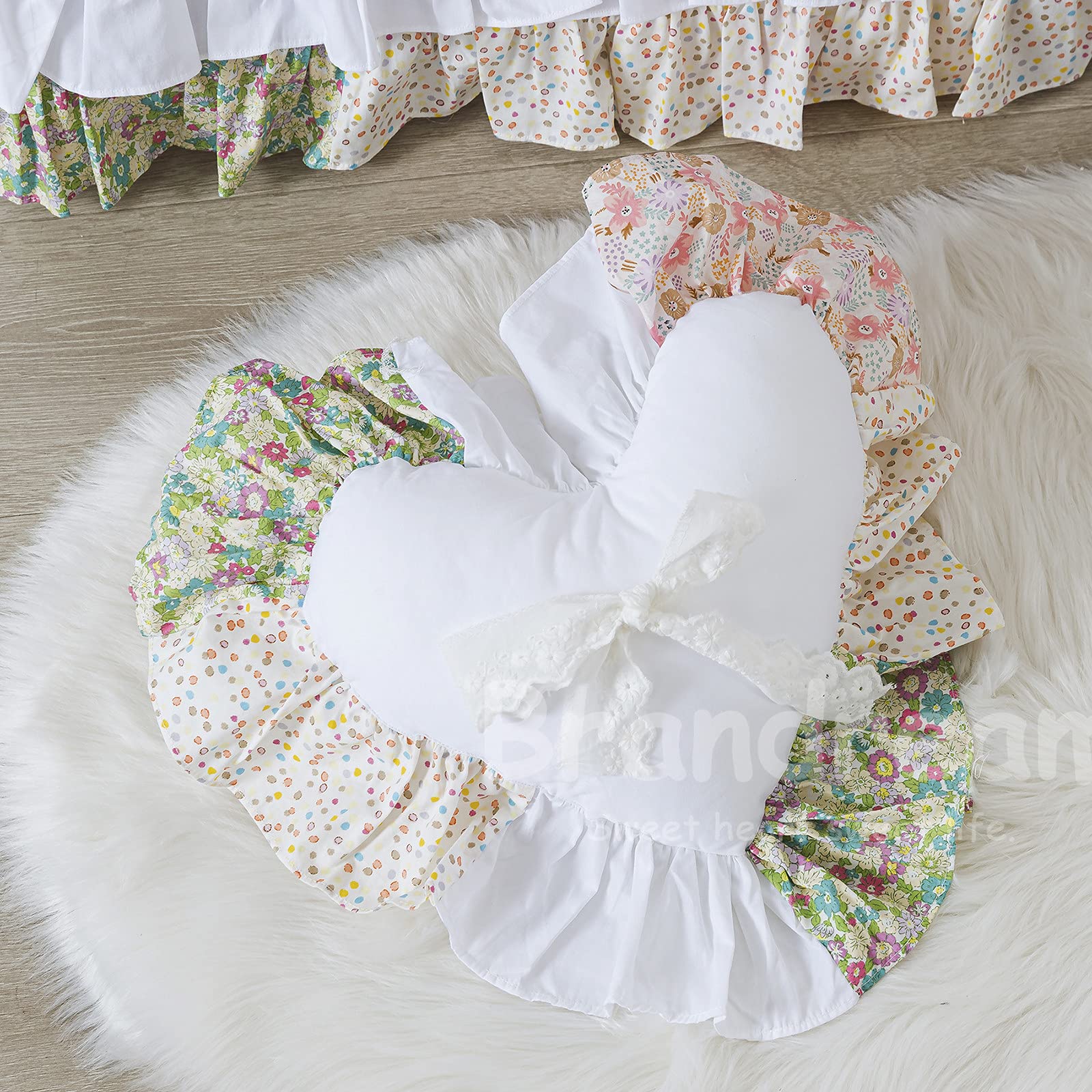 Brandream Luxury Girls Nursery Bedding Farmhouse Floral Crib Bedding Patchwork Baby Blanket Set, 4 Piece Cotton Layered Ruffle Set Pink White Green