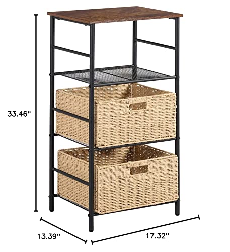 VECELO Tall End/Side Table with 2 Wicker Basket Storage Shelf Telephone Stand for Living Room, Bathroom, Bedroom, Office, Entryway, Easy Assembly, 3-Tier, Brown