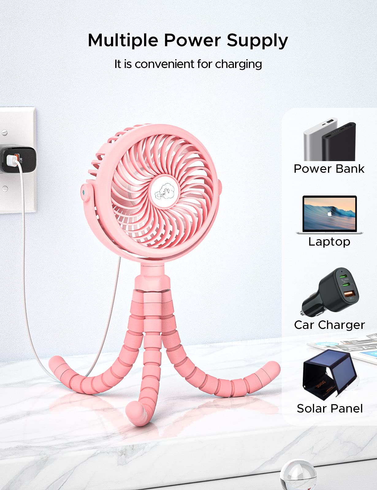 Creiv Stroller Fan, Baby Stroller Fans Clip On Car Seat, Battery Operated Portable Fan with 3 Level Wind Speeds and LED Lighting Available for Stroller, Car Seat and more