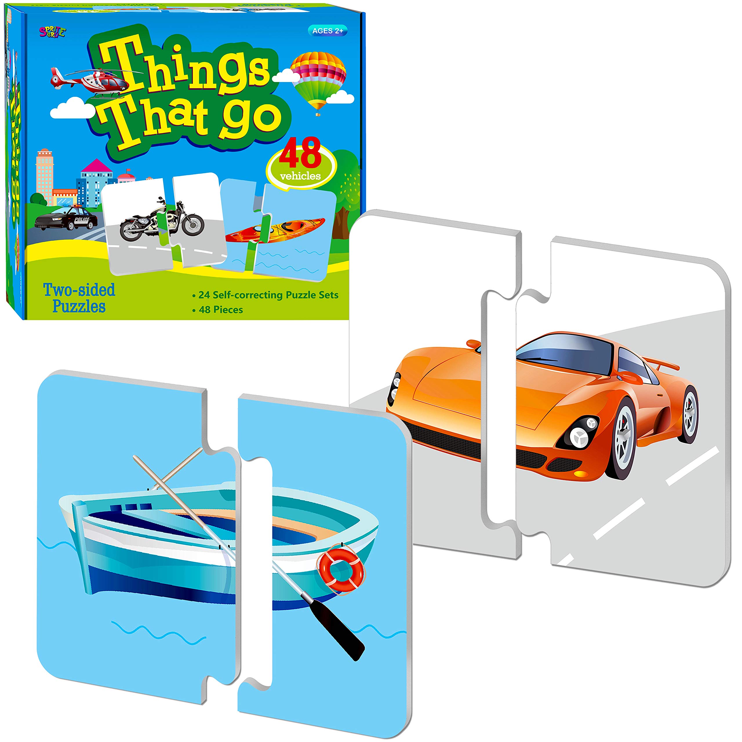 48 Vehicle Matching Puzzles with Error-Correction Mechanism Pre-Primer in 2 Pieces, Perfect for Preschool Learning (24 Blocks Double Sided)