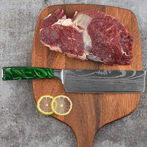 CULITECH Nakiri Knife, 7 inches Sharp Laser Damascus Pattern Chef Knife with Resin Handle and Sheath,Utility Kitchen Knife for Kitchen and Restaurant used