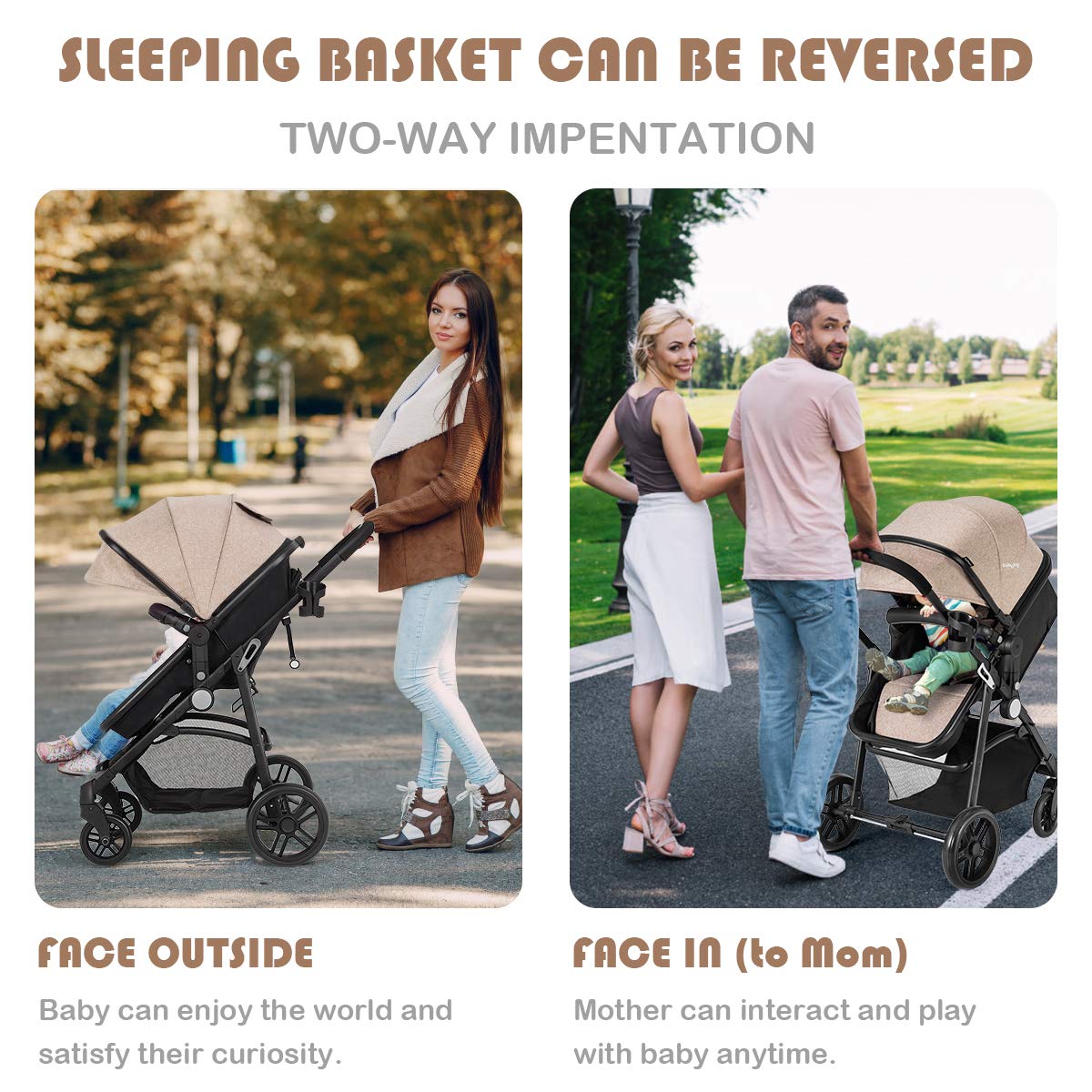 BABY JOY Baby Stroller, 2 in 1 Convertible Carriage Bassinet to Stroller, Pushchair with Foot Cover, Cup Holder, Large Storage Space, Wheels Suspension, 5-Point Harness (Light Coffee)