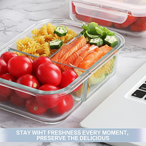 Bayco 8 Pack Glass Meal Prep Containers 3 Compartment, Glass Food Storage Containers with Lids, Airtight Glass Lunch Bento Boxes, BPA-Free & Leak Proof (8 lids & 8 Containers)