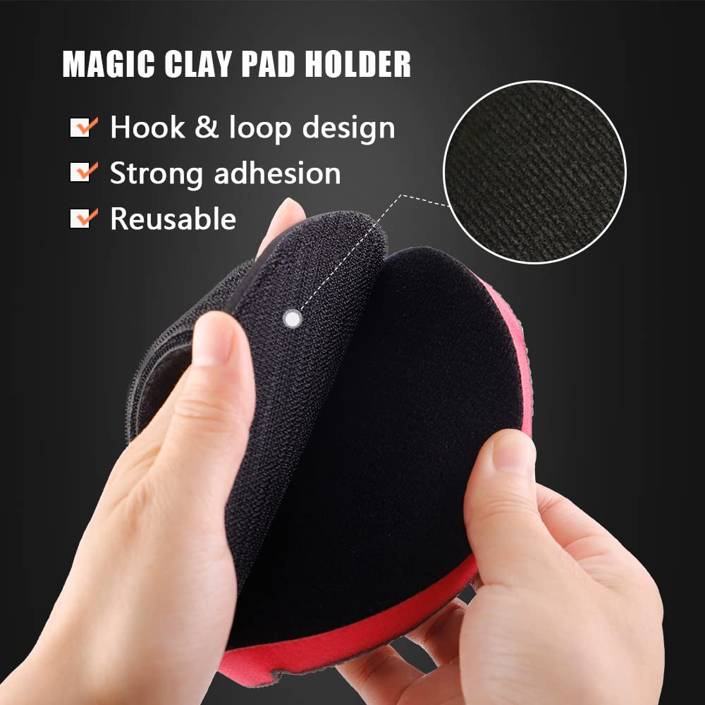 Clay Bar Pad, 5 Inch Mid Grade,1Pc Handle Grip Pad and 1 Pc Clay Bar Applicator, Synthetic Clay Bar Pad for DA Polisher and Rotary Polisher for Car Detailing, Clay Bars Auto Detailing -CHMLP5MA
