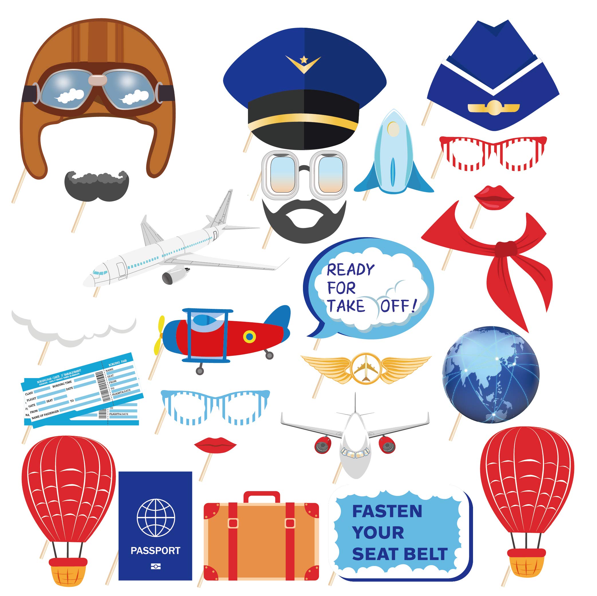 25Pcs Aviator Photo Booth Props DIY Kit Funny Pilot Airplane Flight Captain Hot Air Balloon Selfie Props Accessories Birthday Baby Shower Party Supplies Decorations Favors with Stickers (25)