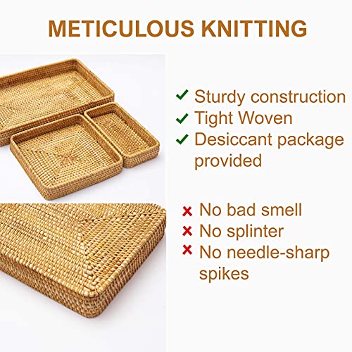 KOLSTRAW Rattan Tray Vanity Trays for Bathroom Coffee Table Tray Wicker Decorative Trays for Perfume Cologne Jewelry Key Makeup Brushes Remote Storage Large Ottoman Tray (3 Sizes: S+M+L, Honey Brown)