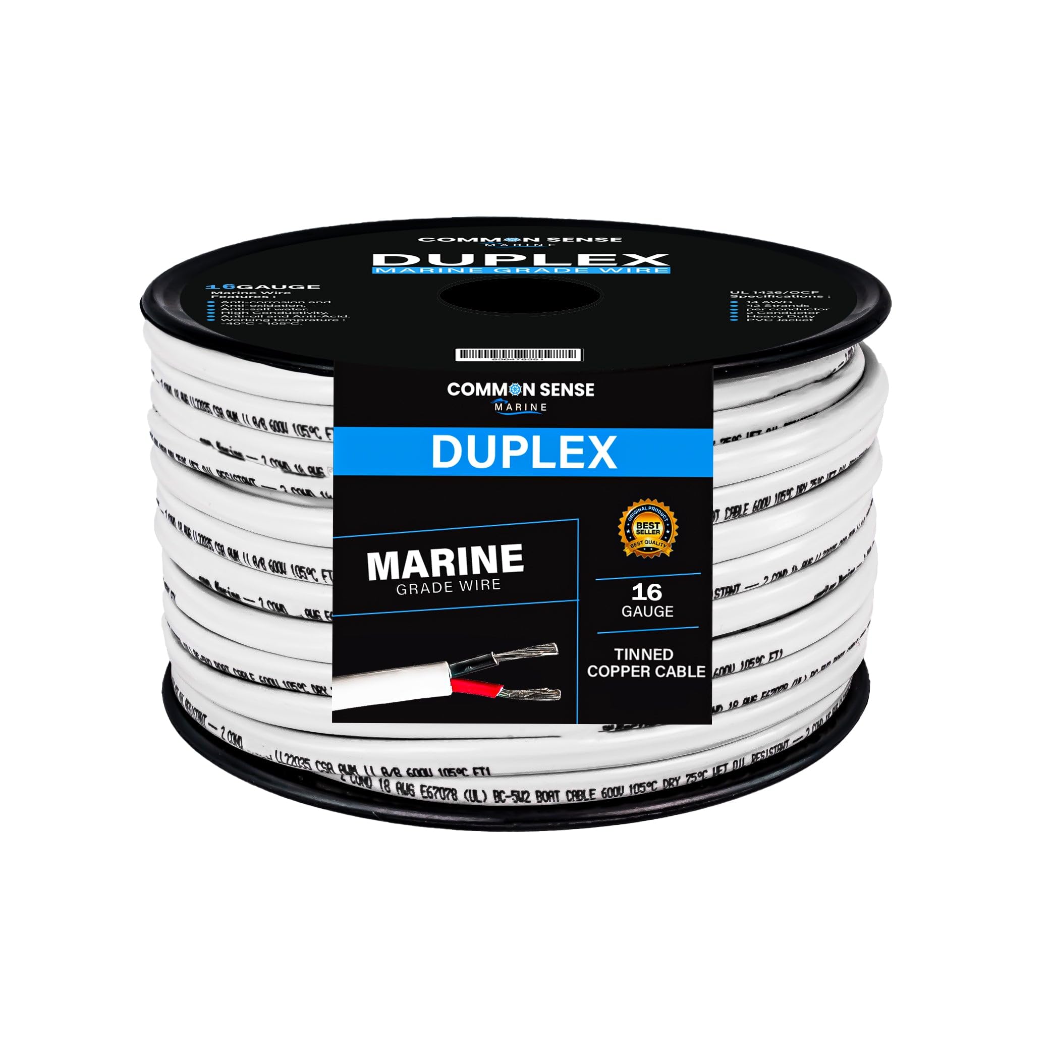 16 Gauge 2 Conductor Marine Wire - 60 ft Duplex Flat Marine Grade Wire Tinned Copper Oxygen-Free Insulated - 16/2 AWG UL 1426 Standard PVC Wire for Boat, Automotive, Speakers, Camper & Trailers