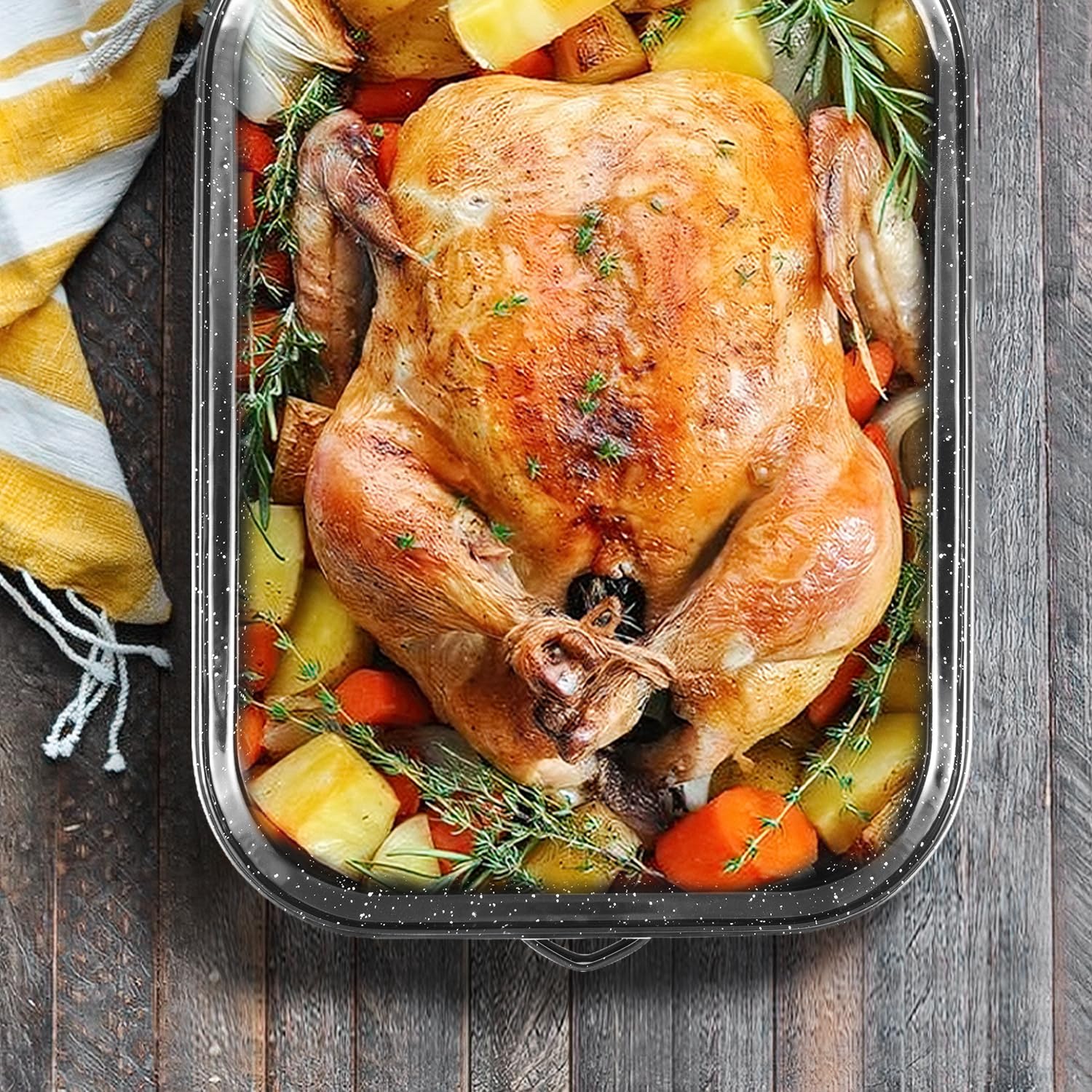 21Inch Roasting Pan, Extra Large Rectangle Roasting Pan With Rack, 25lb Capacity, Large Roaster pan for Baking Turkey, V-Rack and Versatile Lid Bone Turkey Baster by DIMESHY