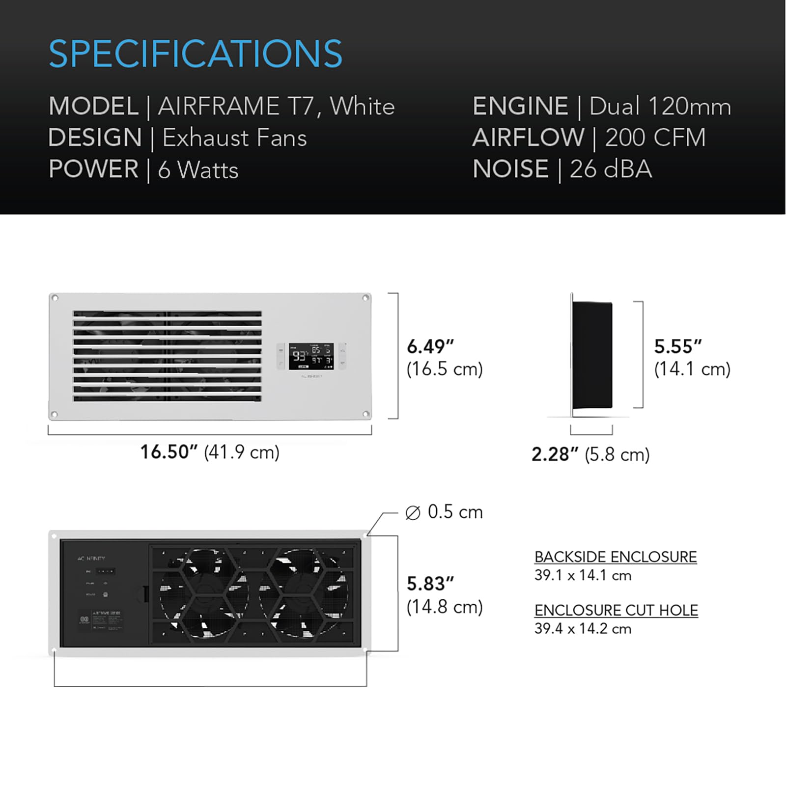 AC Infinity AIRFRAME T7 White, High-Airflow Cooling Fan System 17", Exhaust Airflow, for AV Equipment Rooms, Closets, and Enclosures