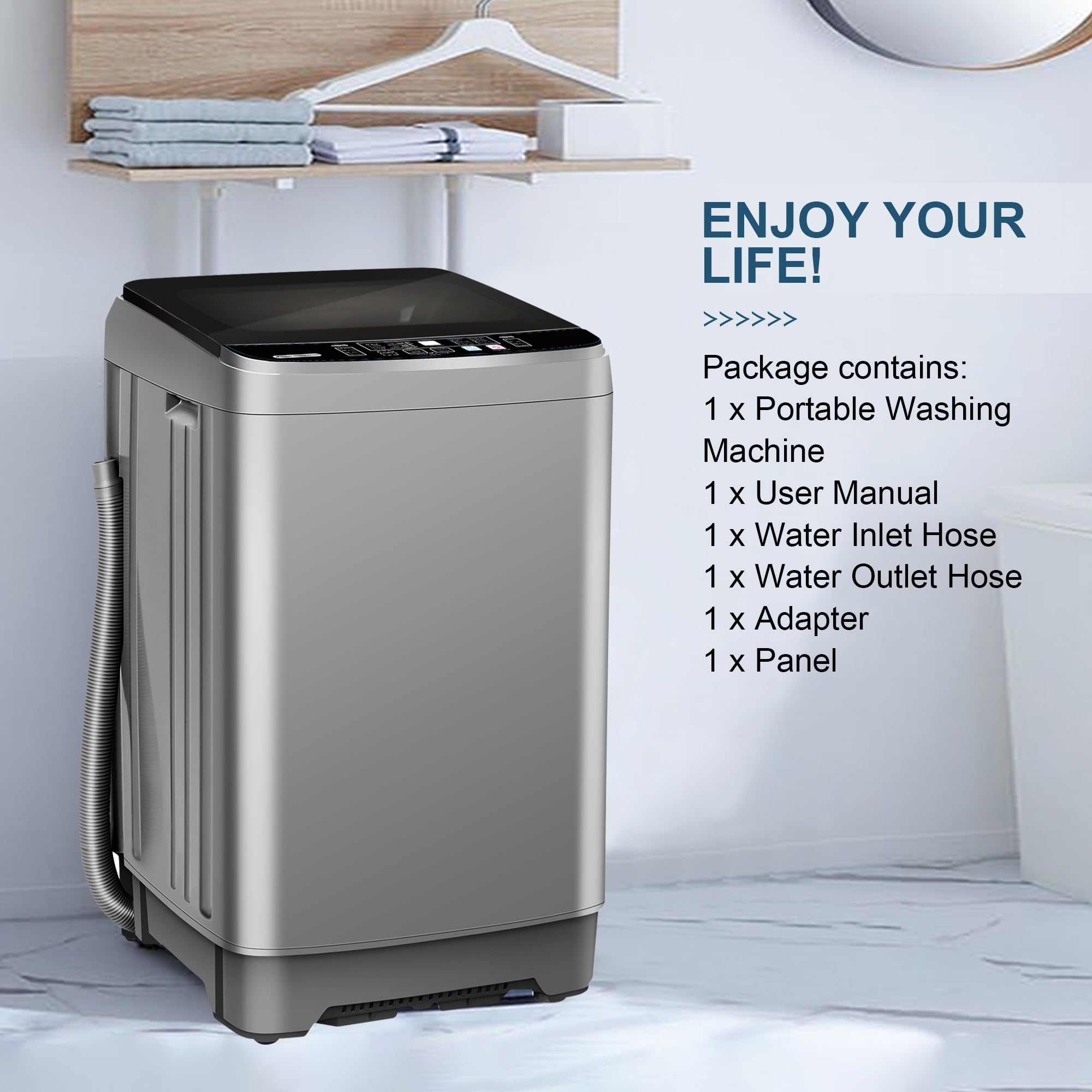 25 lbs Portable Washing Machine LED Display Full Automatic Washing Machine 10 Programs & 8 Water Levels, Come with a Glass Cover, Drain Pump Ideal for Apartment Home Dorm, Grey