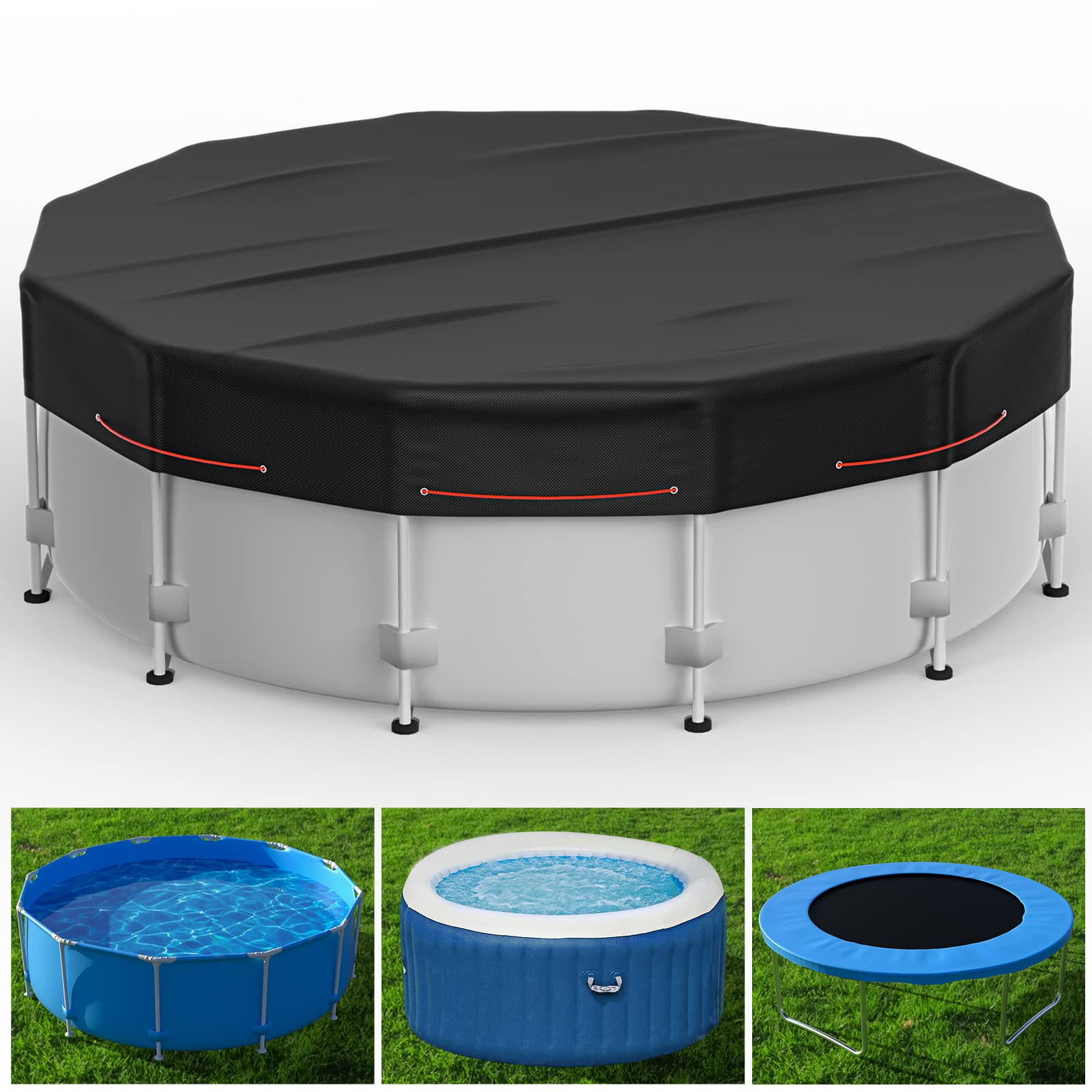 15Ft Round Pool Cover - Solar Covers for Above Ground Pools, Inflatable Pool Cover Protector with Steel Rope, Increase Stability Ground Swimming Inground Pools, Waterproof and Dustproof Hot Tub Cover