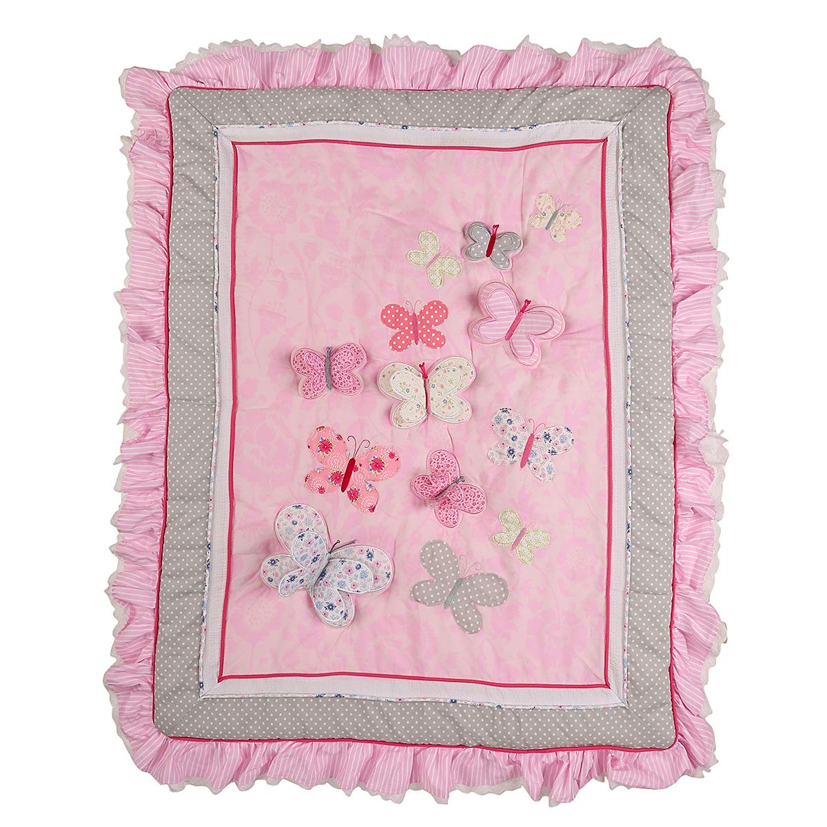 CribMATE 3 PCs Pink Embroidery Butterfly Nursery Crib Bedding Set Lace Trimmed Floral Butterfly Baby Girl Bedding Set Comforter Fitted Sheet Skirt Set