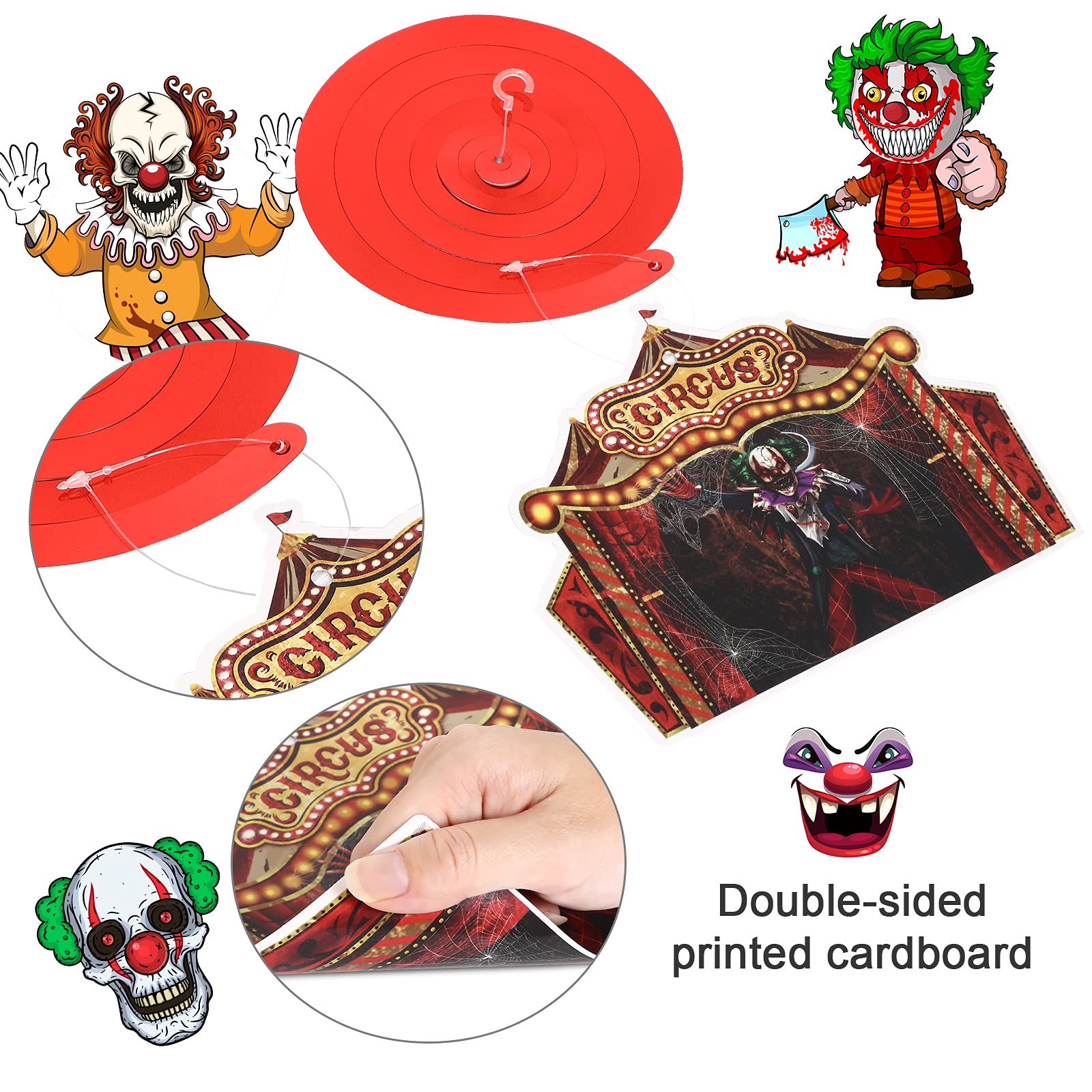 30 Pieces Halloween Clown Hanging Swirl Decorations Horror Joker Cutouts Circus Foil Ceiling Decor Halloween Creepy Carnival Decor, 7.09 x 7.09 Inch