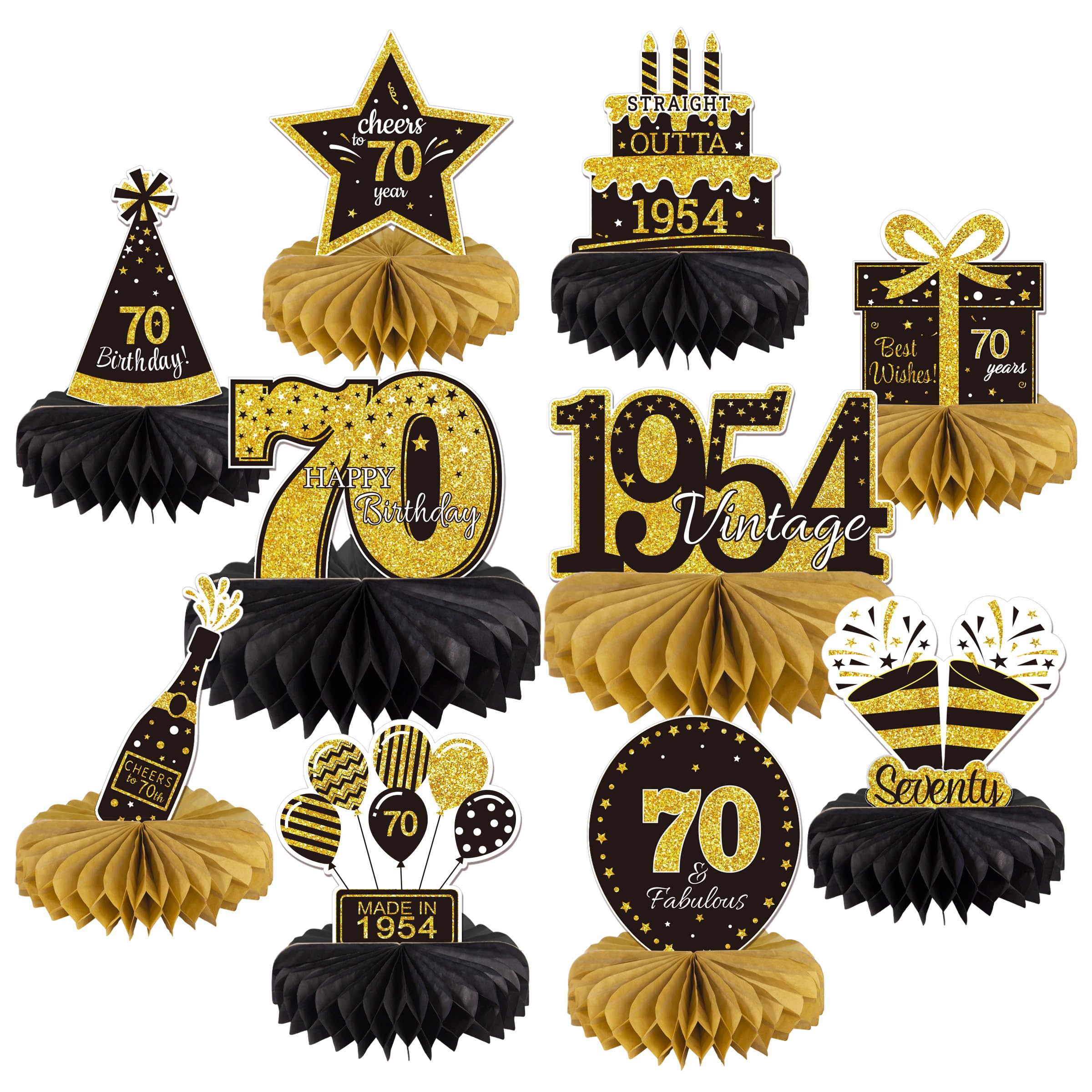 10PCS 70th Birthday Decorations Centerpieces for Table Decorations, 2024 Vintage 1954 Honeycomb Table Topper Back in 1954 Birthday Party Decoration for Men and Women (Gold & Black, 70 Years)
