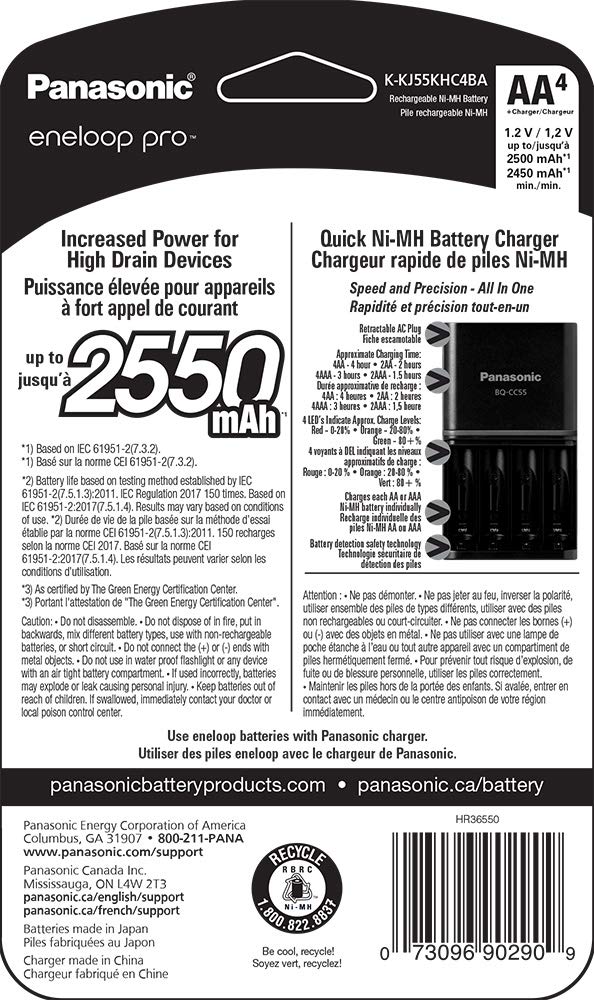Eneloop Panasonic K-KJ55KHC4BA Advanced 4 Hour Quick Battery Charger with 4AA pro Rechargeable Batteries & Panasonic BK-3HCCA4BA pro AA High Capacity Ni-MH Pre-Charged Batteries, 4 Pack