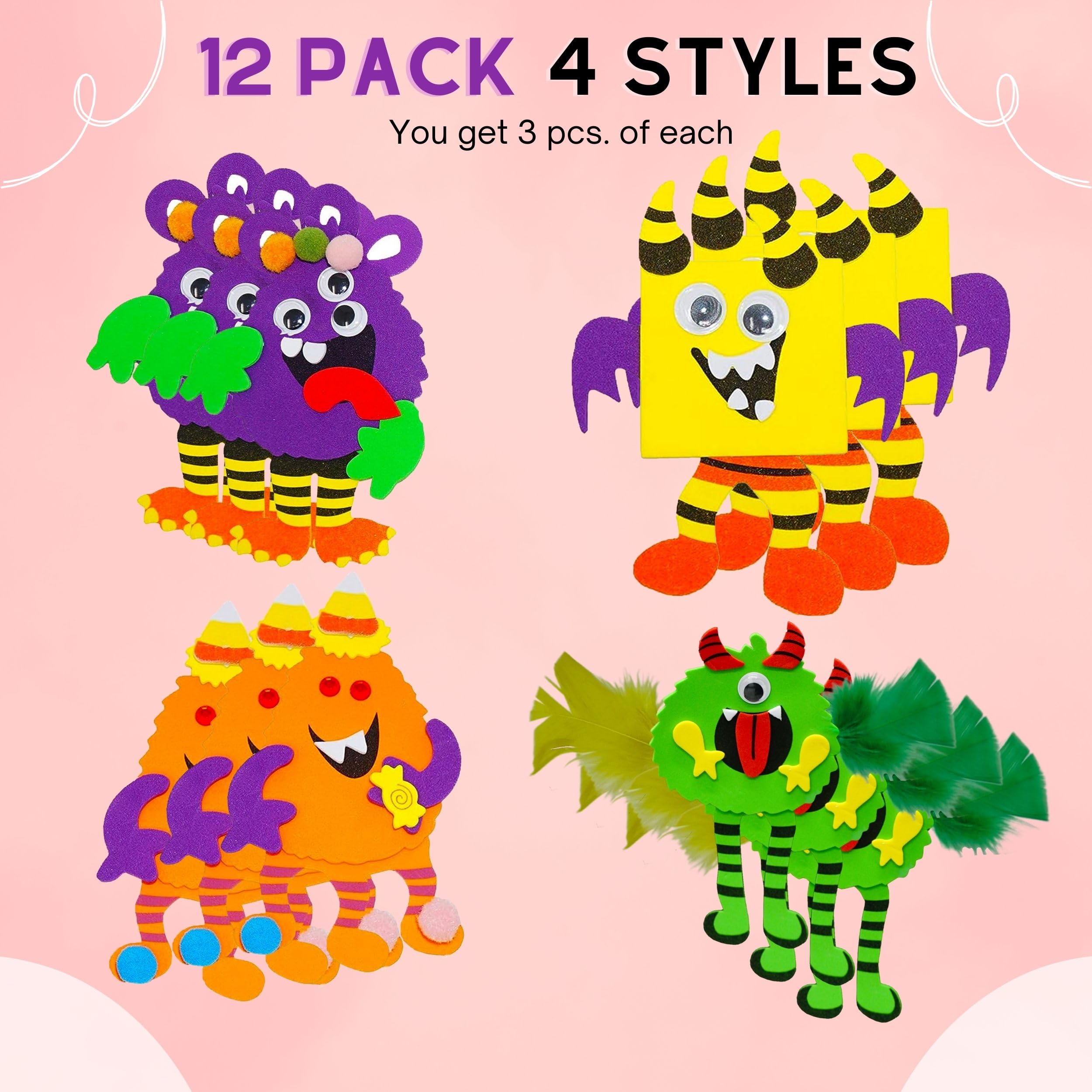 4E's Novelty Halloween Crafts for Kids (12 Pack) Silly Monsters Foam Magnet Fall Crafts for Kids Bulk, Halloween Party Activities for Kids Ages 3-5, 4-8