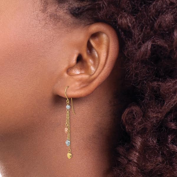 14K Tri Color Gold Triple Heart Love Drop Dangle Earrings