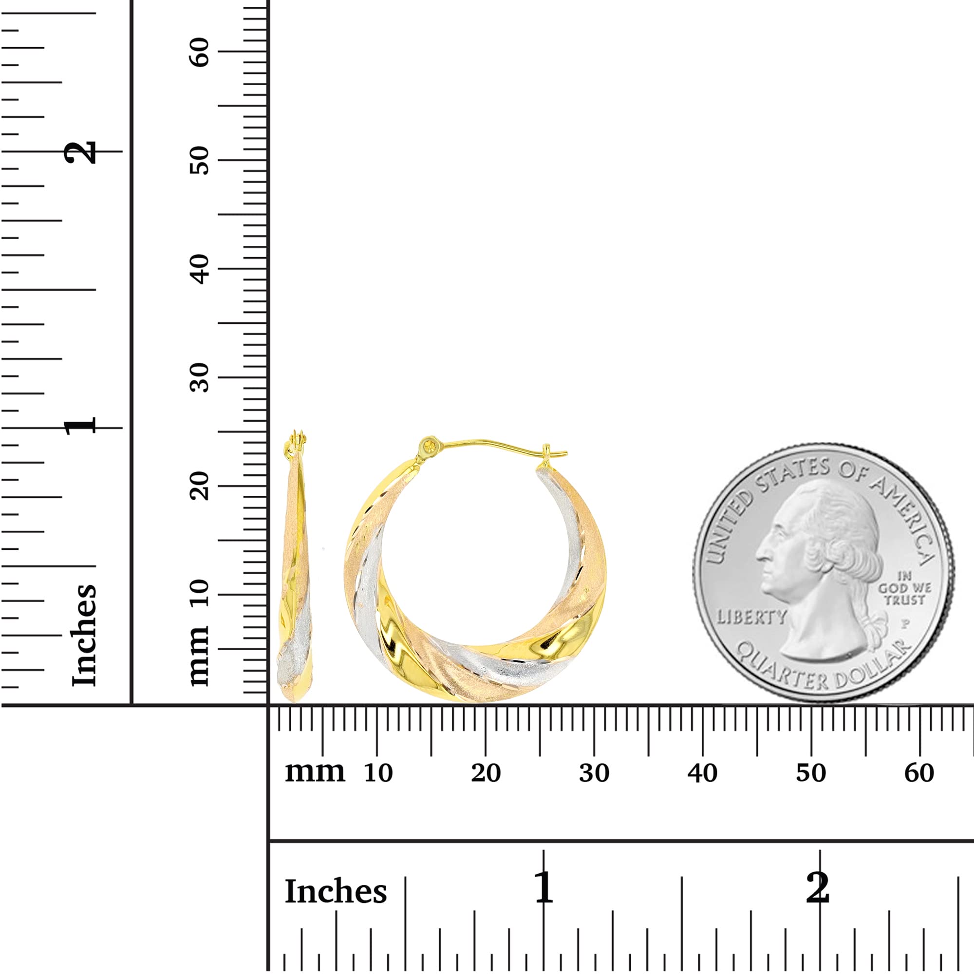 14K Tricolor Gold 3mm Thick High Polished Swirl Hoop Earrings with Hinged Clasp | 3x25mm Hoop | Swirl Earrings | Solid Gold Earrings For Women