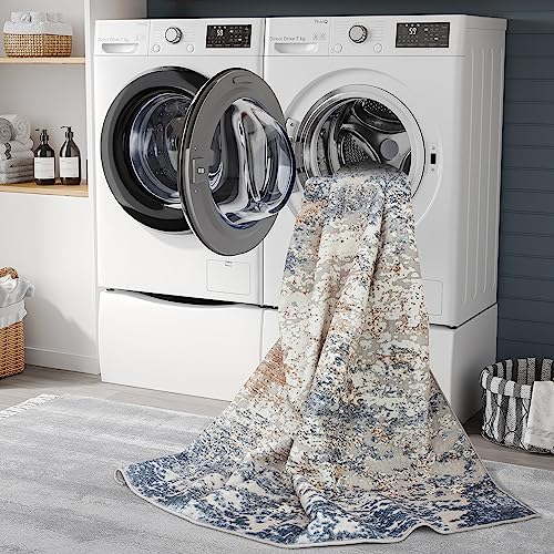 Art&Tuft Washable Rug, Anti-Slip Backing Abstract 8x10 Area Rugs, Stain Resistant Rugs for Living Room, Foldable Machine Washable Area Rug (TPR18-Blue, 8'x10')