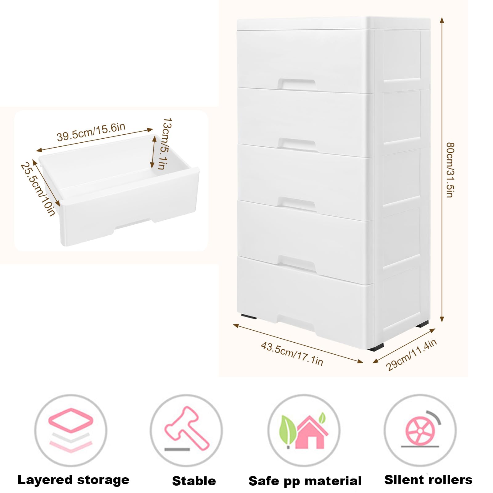 5 Drawer Storage Cabinet with Wheels,Plastic Drawers Dresser,5 Tier Storage Cabinet for Living Room,Bedroom,Kitchen,White